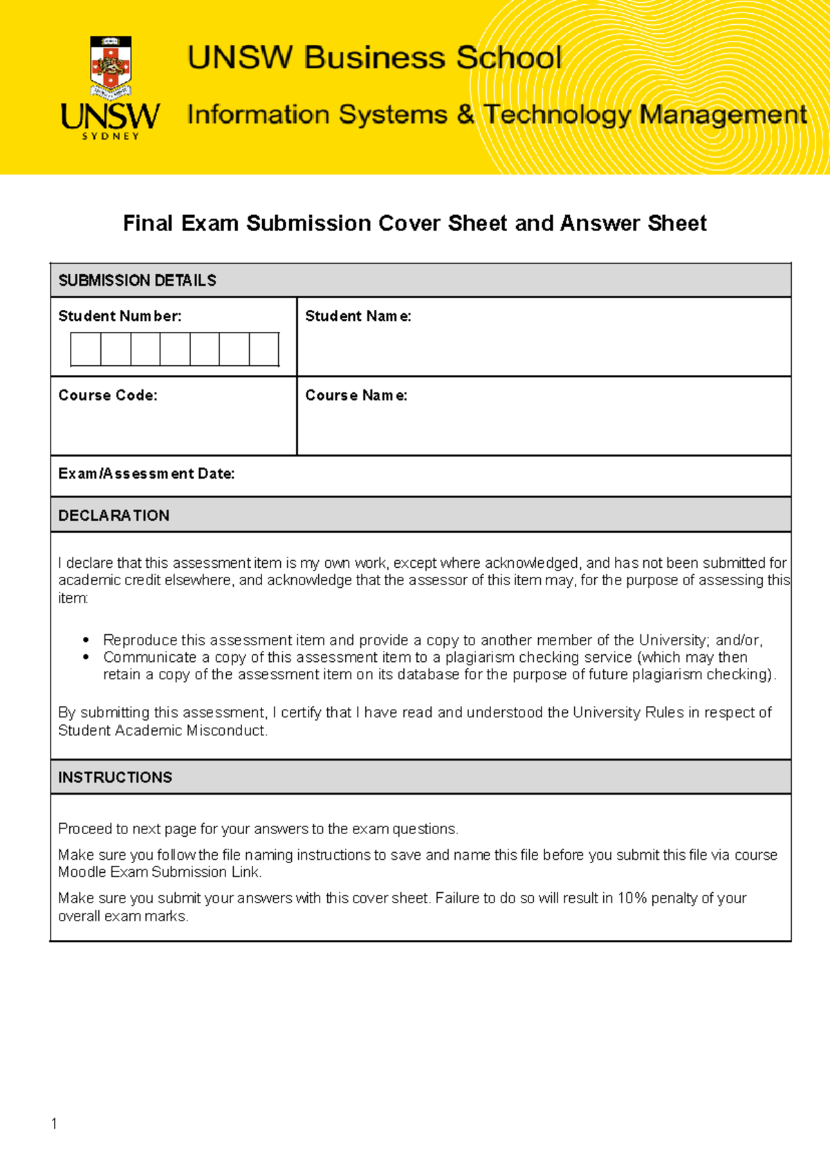 COMM1190 T1 2024 Answer Sheet - Final Exam Submission Cover Sheet and ...