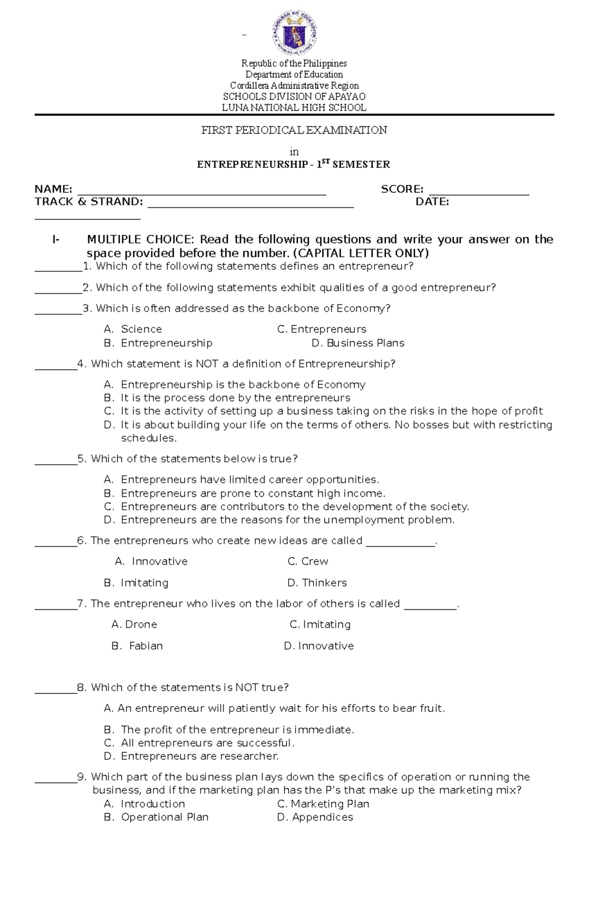 Entrep- Quarterly TEST - lOMoAR Republic of the Philippines Department ...