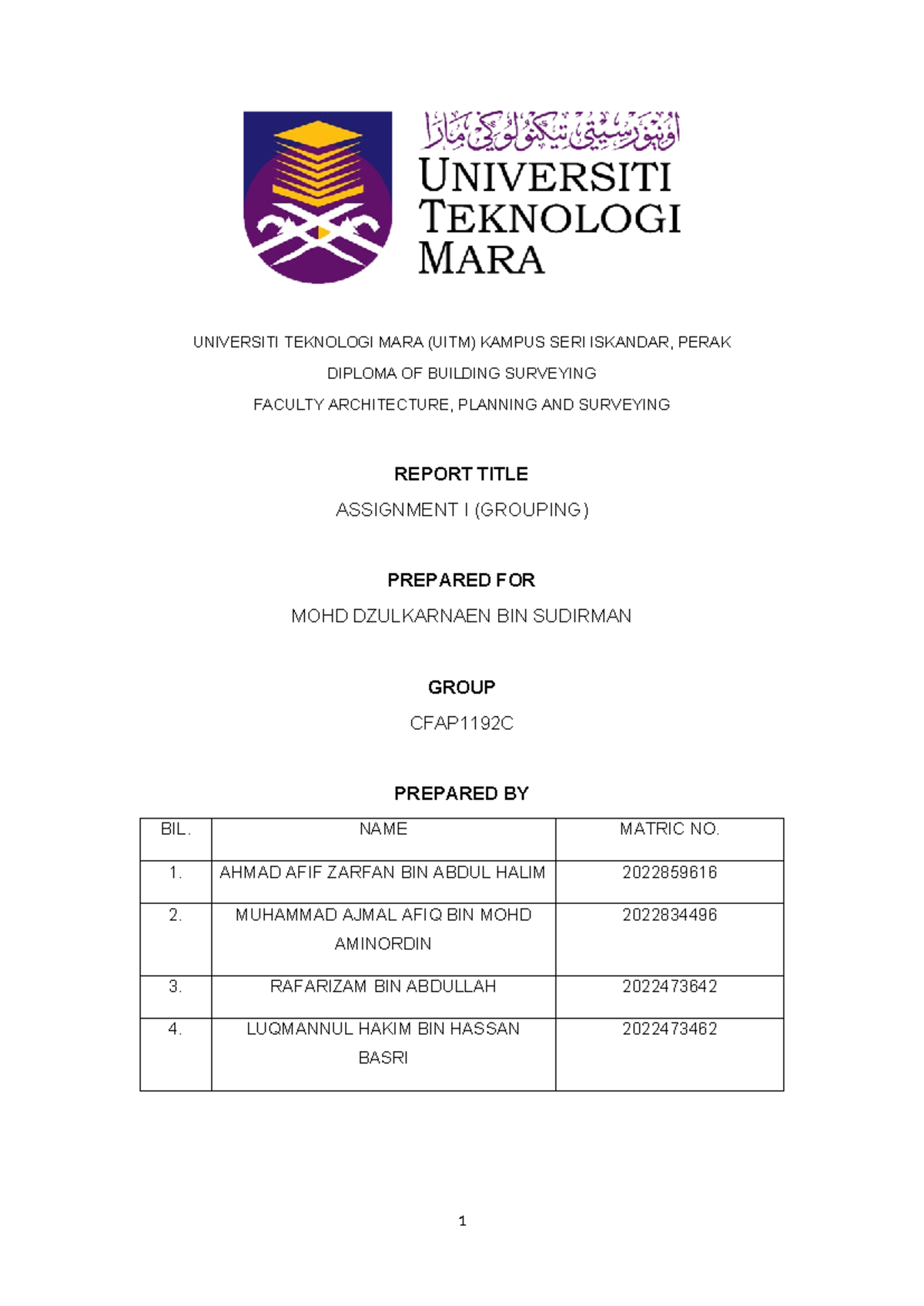 Assignment Construction BST150 ( Grouping) - UNIVERSITI TEKNOLOGI MARA ...