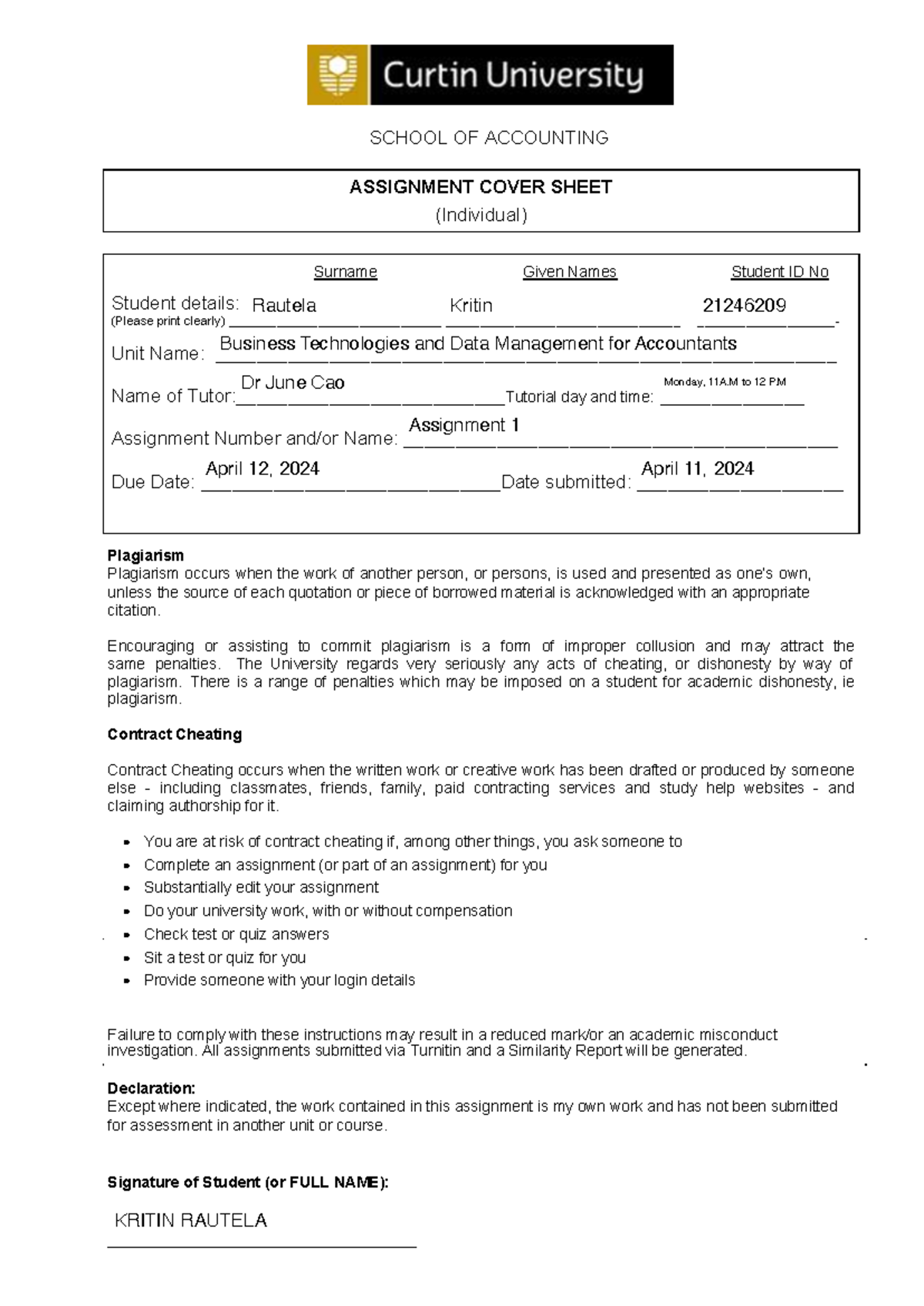 10452075 - oh. - SCHOOL OF ACCOUNTING ASSIGNMENT COVER SHEET ...