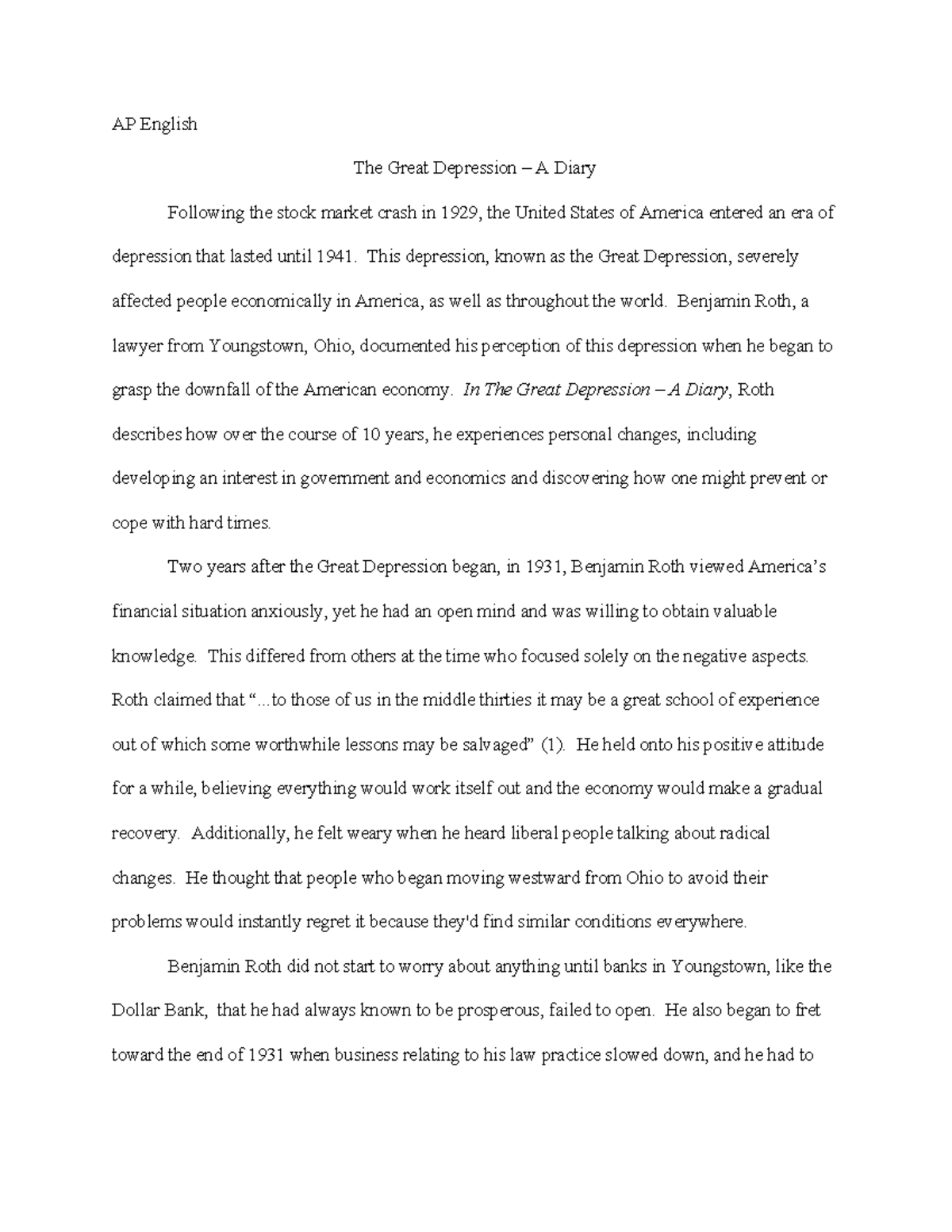 The Great Depression–A Diary - AP English The Great Depression – A ...