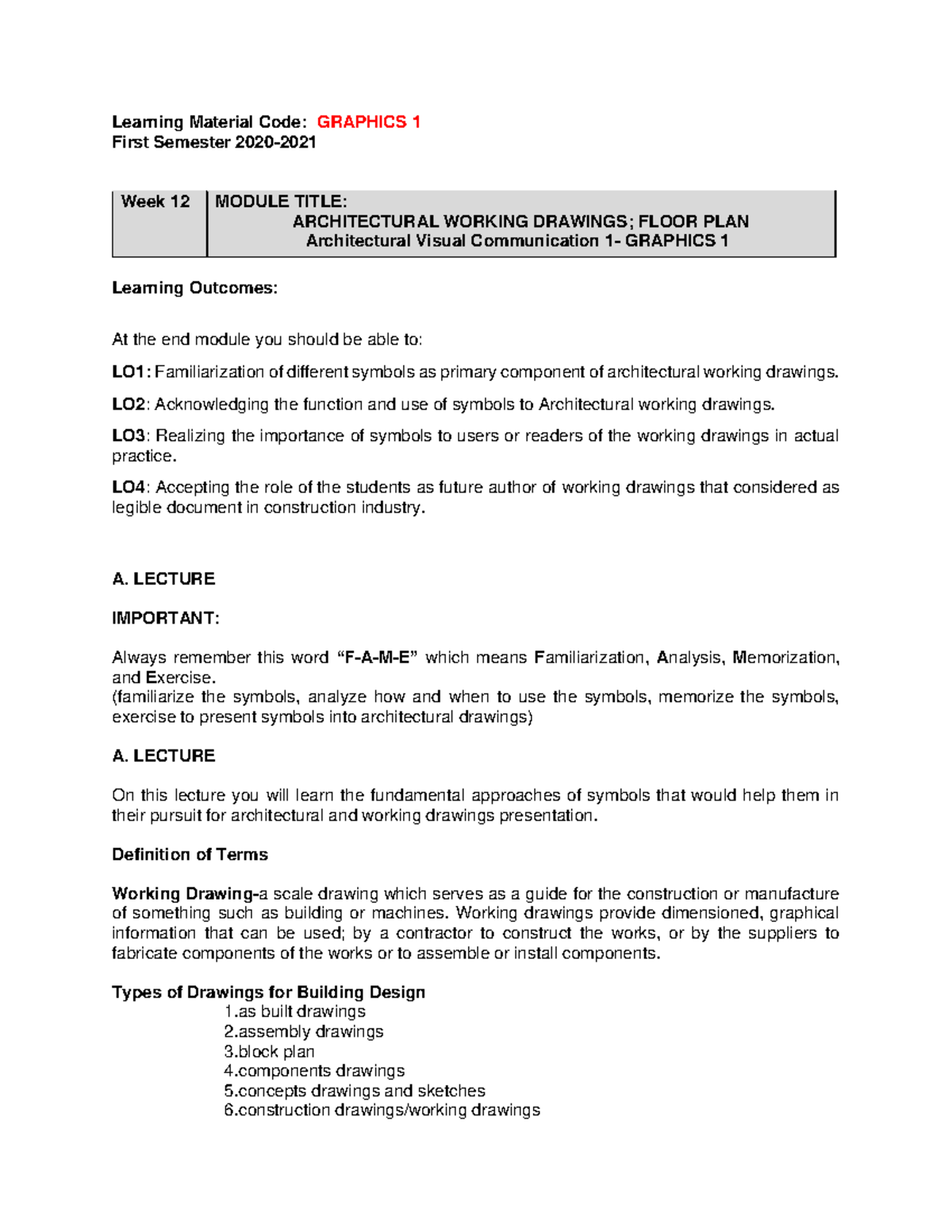 BS ARCH-GRAPHICS 1-WORKING DRAWINGS; FLOORPLAN - Learning Material Code ...