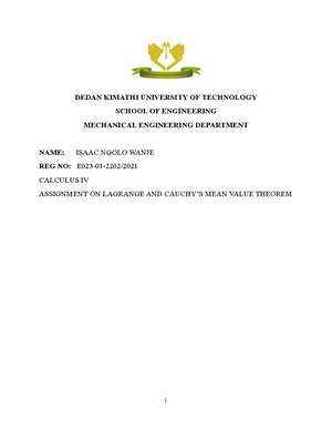 Chemistry Assignment - DEDAN KIMATHI UNIVERSITY OF TECHNOLOGY NAME: ISAAC NGOLO WANJE REG NO ...