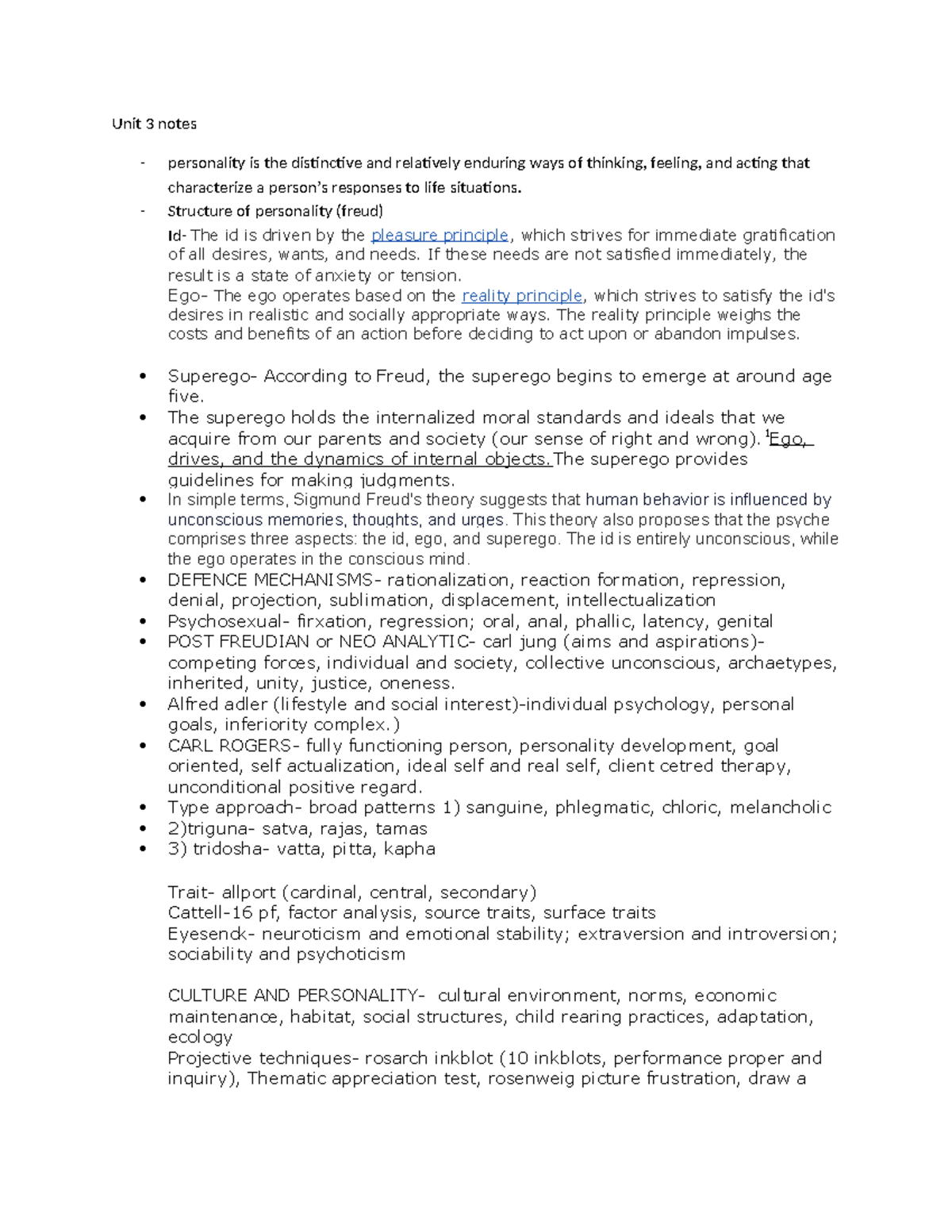 Psych notes unit 3, 4 - Unit 3 notes personality is the distinctive and ...