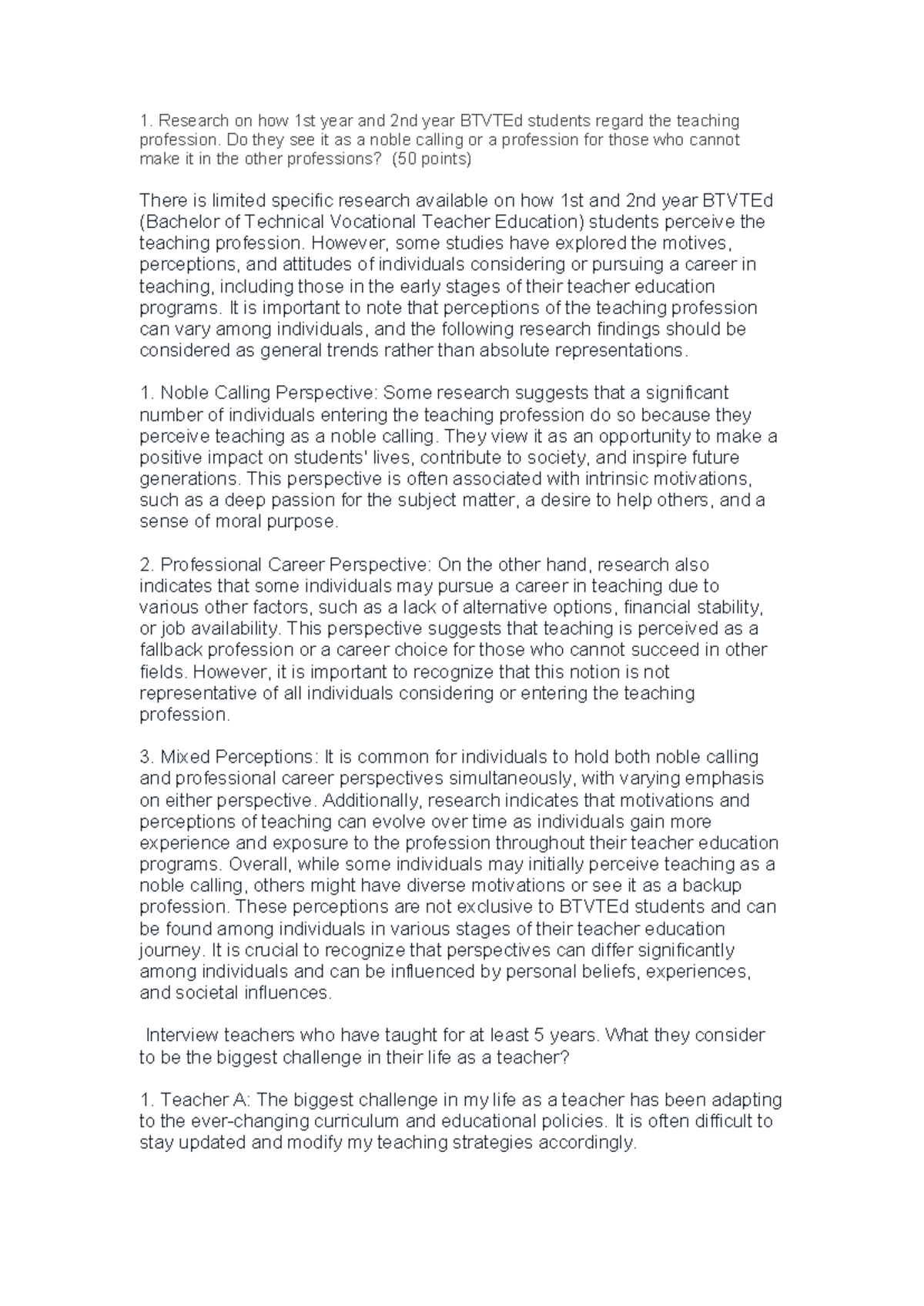 Answer - 1. Research on how 1st year and 2nd year BTVTEd students ...