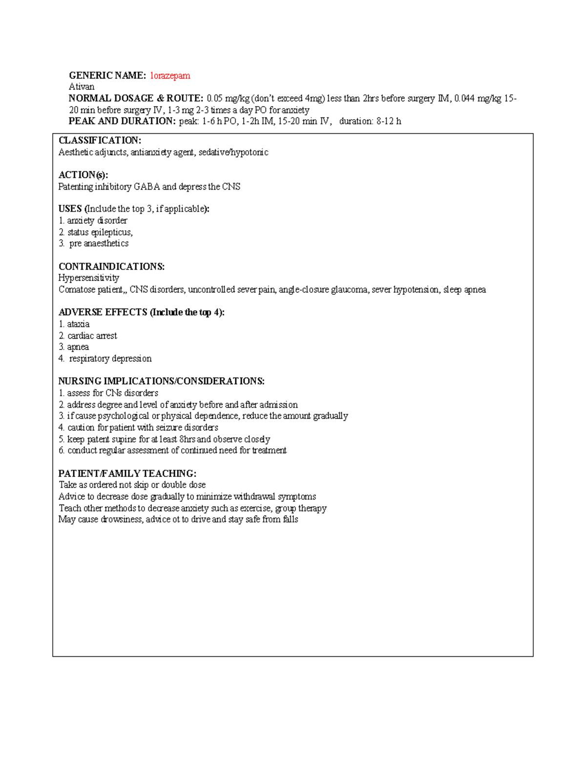 Lorazepam - Drug card - GENERIC NAME: lorazepam Ativan NORMAL DOSAGE ...