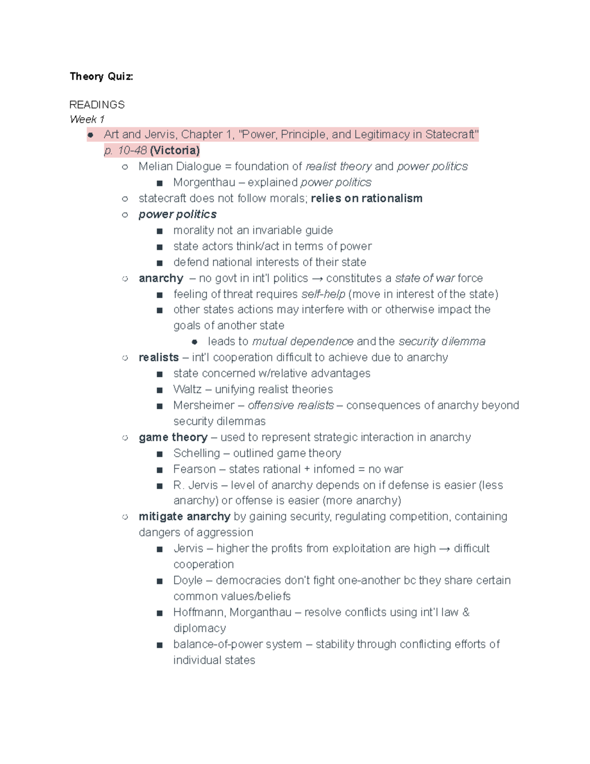 PSCI 150 Quiz #1 Study Guide - Theory Quiz: READINGS Week 1 Art and ...