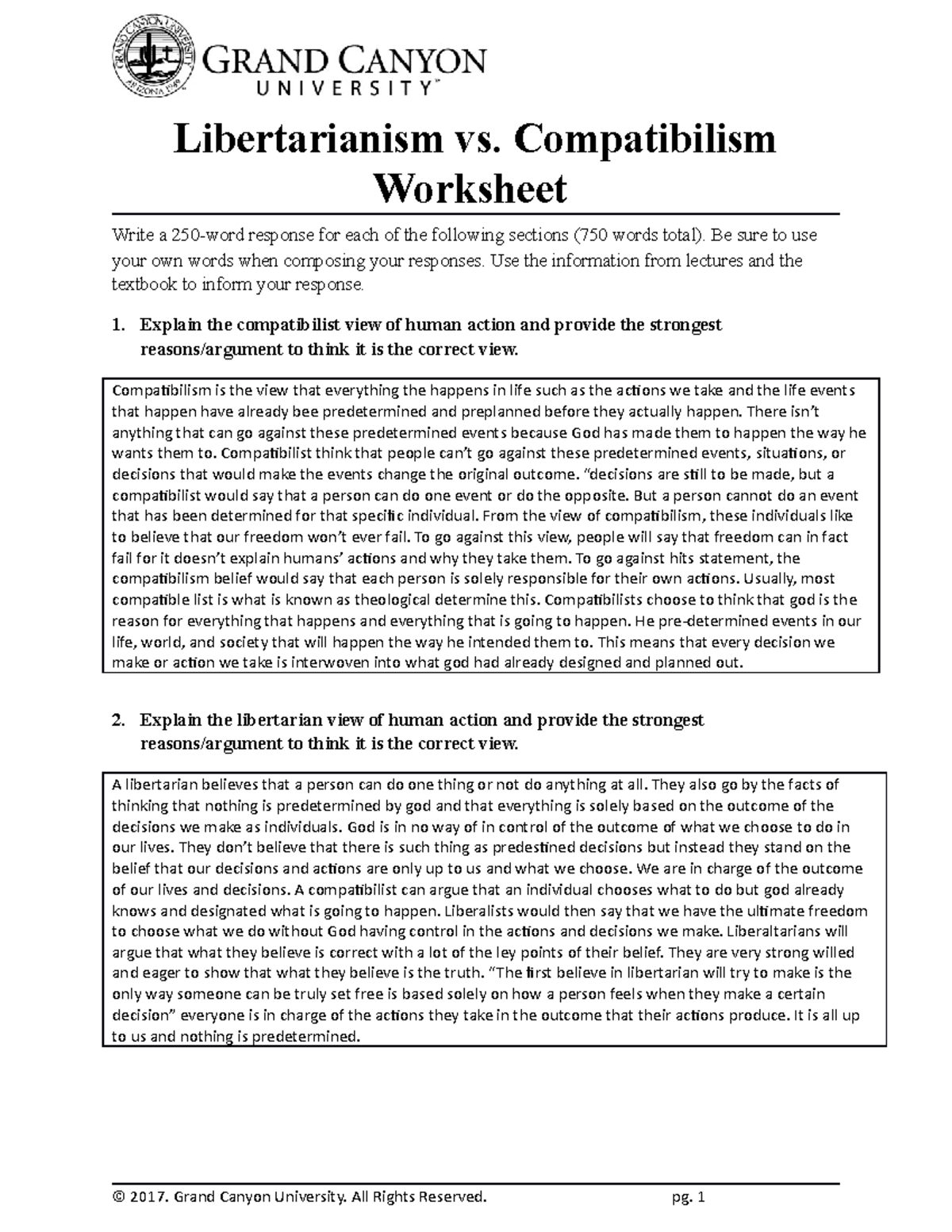 Philosophy worksheet - Libertarianism vs. Compatibilism Worksheet Write ...