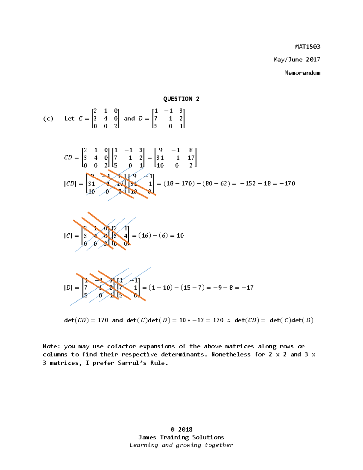 MAT1503 May June 2017 Memorandum - © 2018 James Training Solutions ...