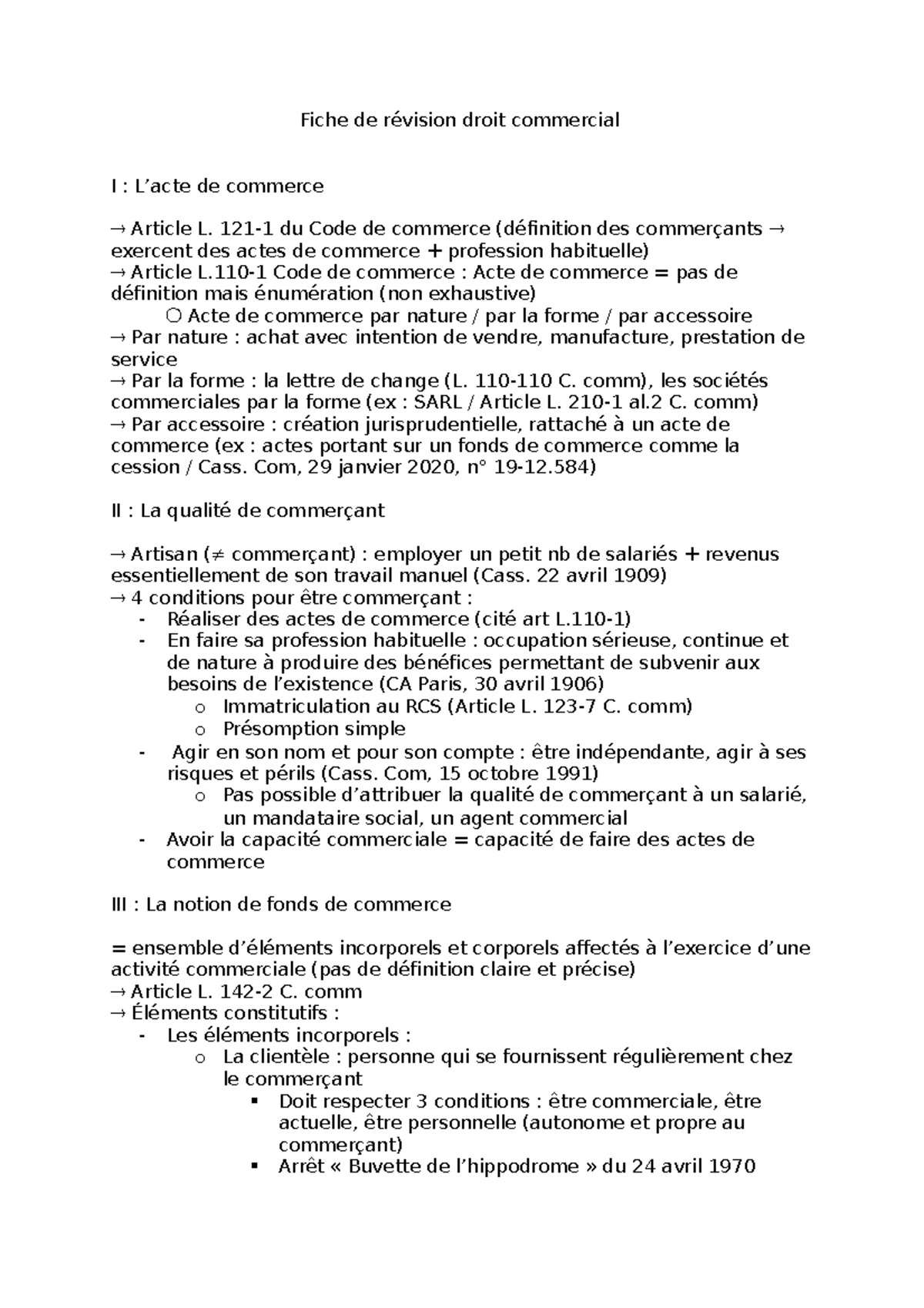 Fiche De R vision Droit Commercial 121 1 Du Code De Commerce