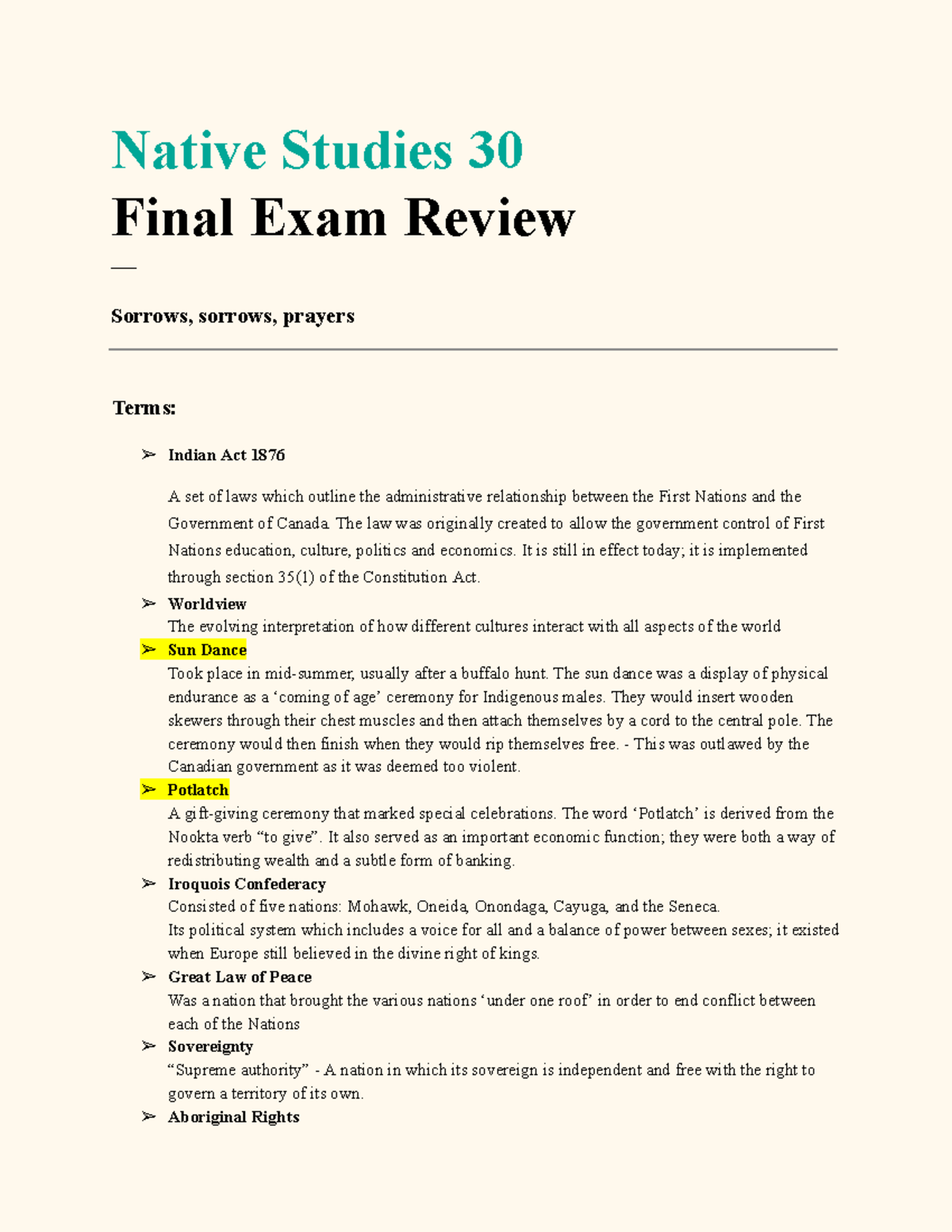 Native Studies 30 Final Review - Native Studies 30 Final Exam Review ...