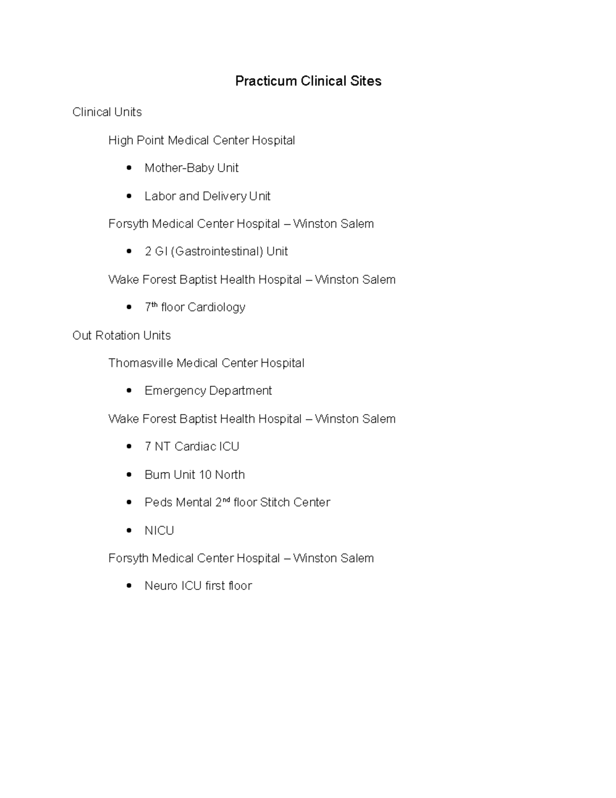 Clinical Sites for Portfolio essay and - Practicum Clinical Sites ...