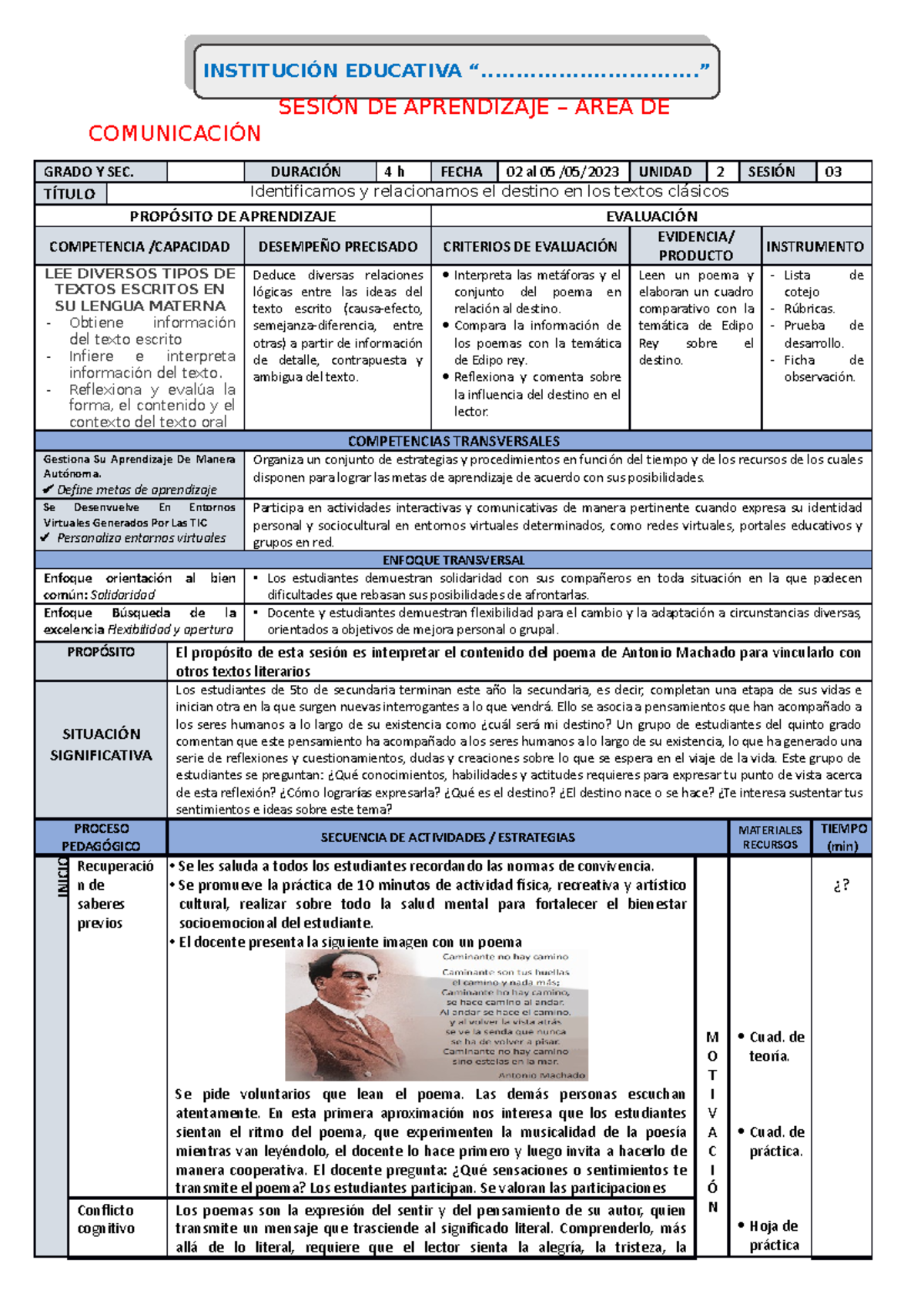 Comunicación 5TO Grado - INSTITUCIÓN EDUCATIVA “...............................” SESIÓN DE - Studocu