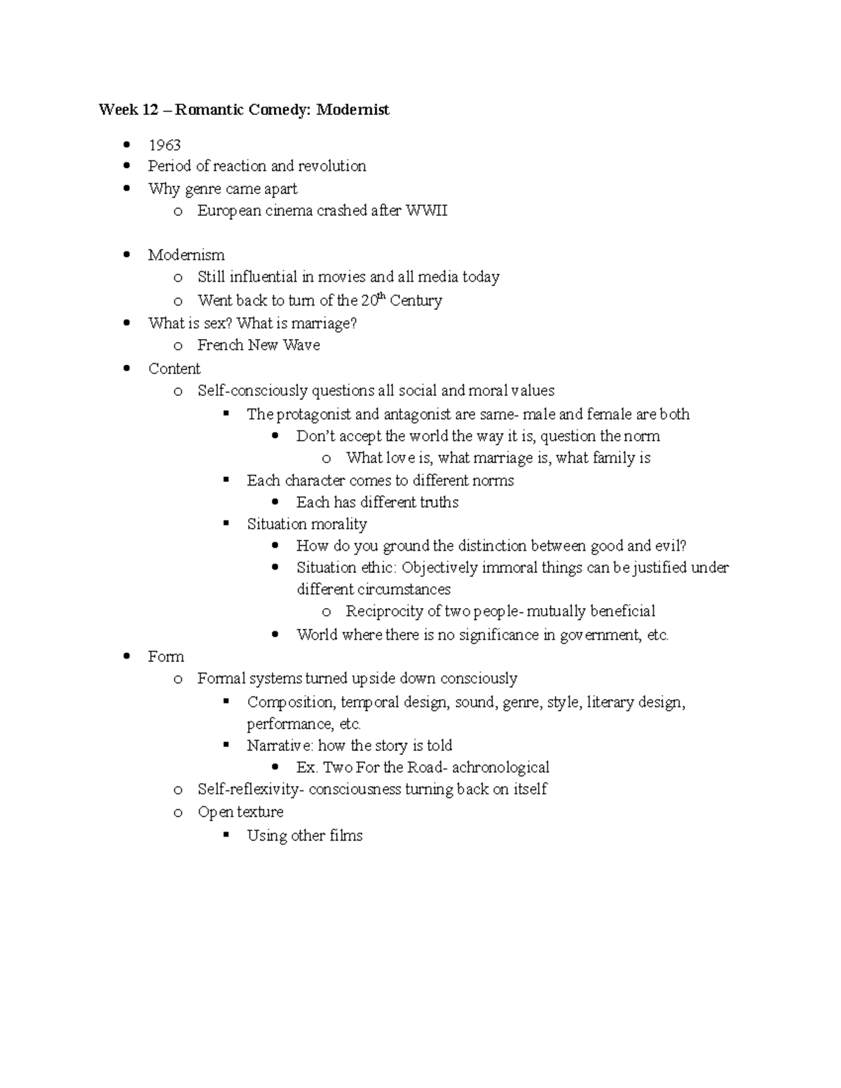 Intro to Cinema Week 12 - Lecture notes 12 - Week 12 – Romantic Comedy ...