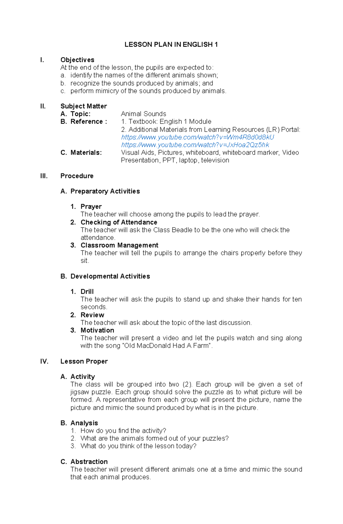 501285760 Lesson PLAN IN English 1 Animal Sounds - LESSON PLAN IN ...