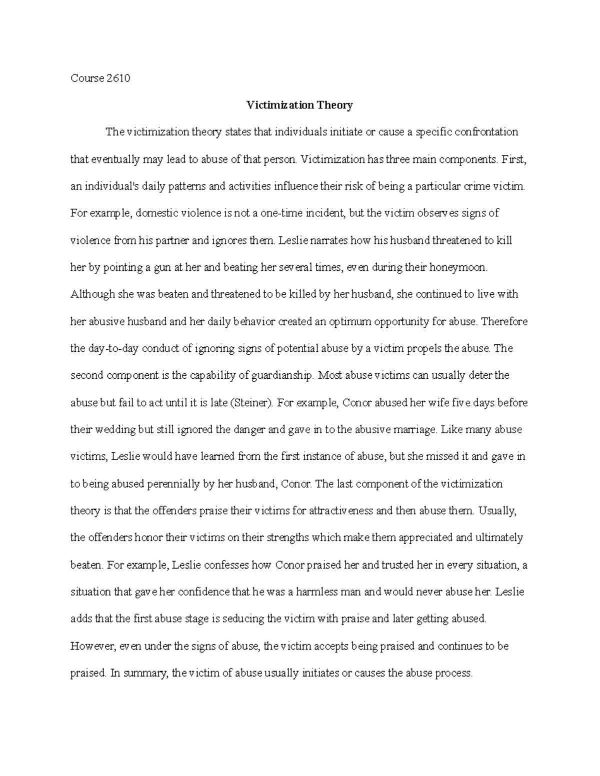 Victimization Theory - Essay - Course 2610 Victimization Theory The ...