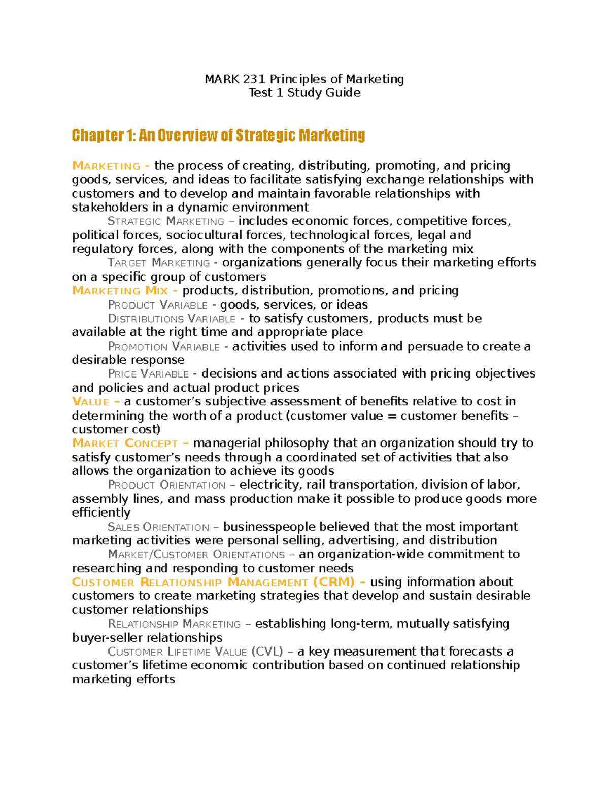 Principals of Marketing - Test 1 Study Guide - MARK 231 Principles of ...