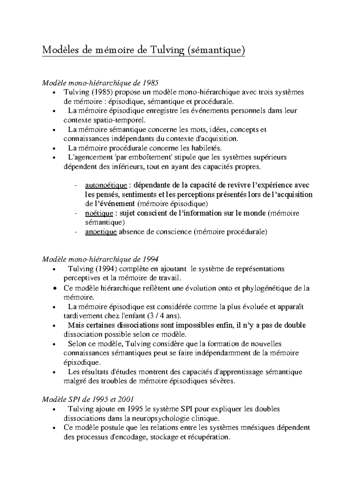 Mémoire et les fonctions exécutives CM - Modèles de mémoire de Tulving ...