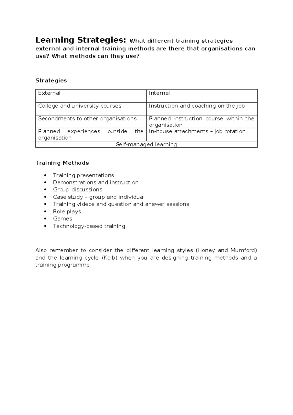 Example Training Plan - Learning Strategies: What different training ...