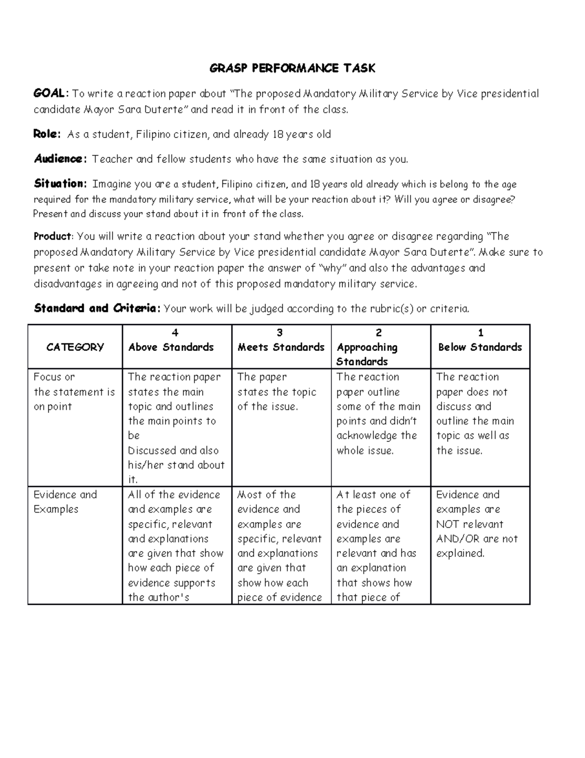 GRASPS RUBRIC PERFORMANCE TASK FOR 1ST QUARTER PDF 50 OFF