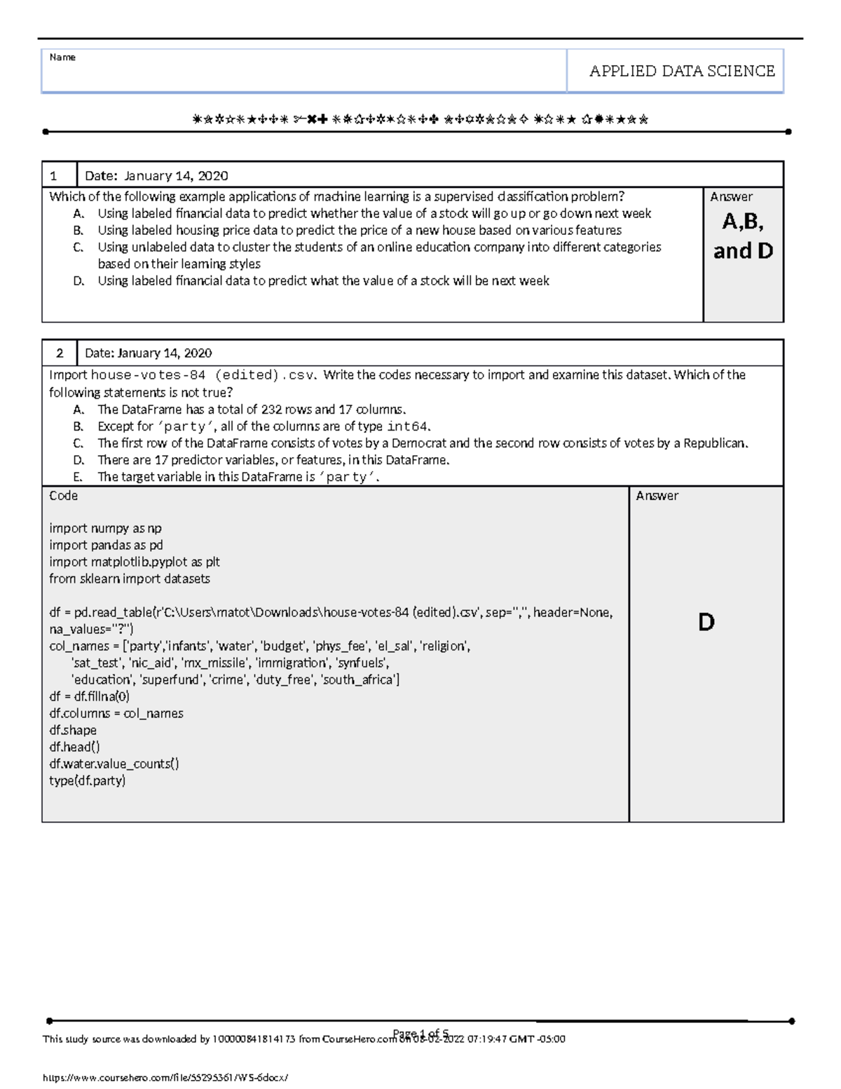 WS 6 - WQEQSD - APPLIED DATA SCIENCE WORKSHEET #6: SUPERVISED LEARNING ...