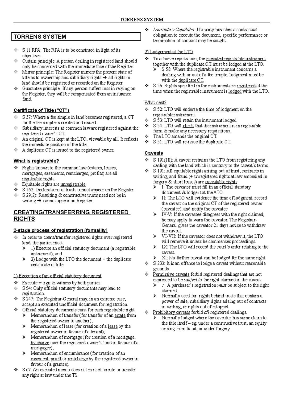 Property Law 6 - notes - TORRENS SYSTEM TORRENS SYSTEM S 11 RPA: The ...