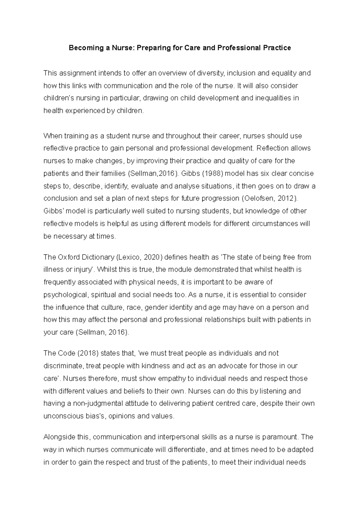 Sample of Level 1 writing at pass level - Becoming a Nurse: Preparing ...