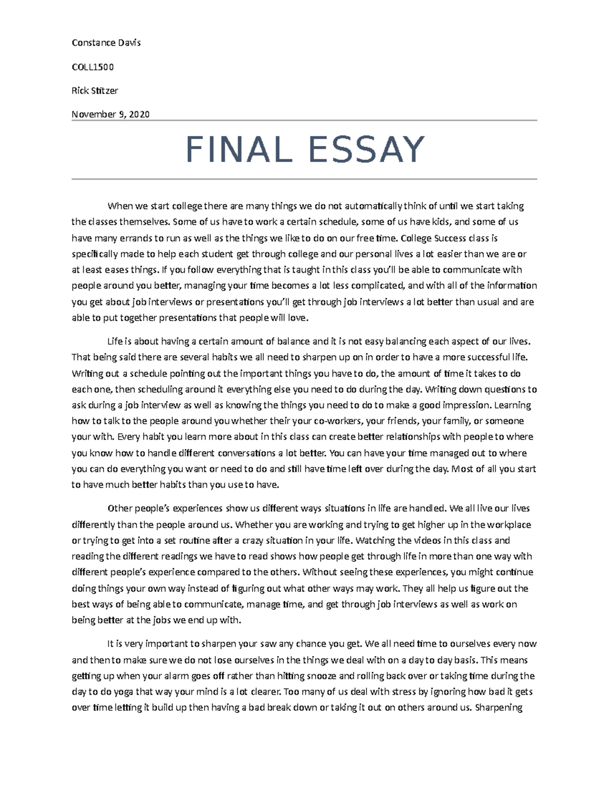 Final Essay - some of the assignments we had to do - Constance Davis ...