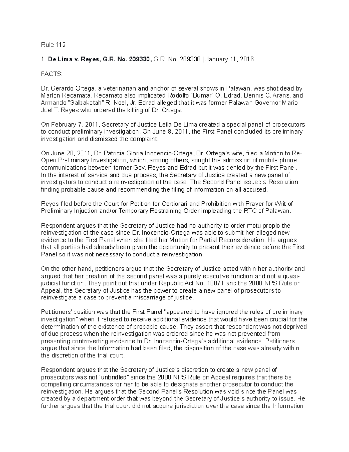 Rule 112 - rule 112 - Rule 112 . De Lima v. Reyes, G. No. 209330, G. No ...