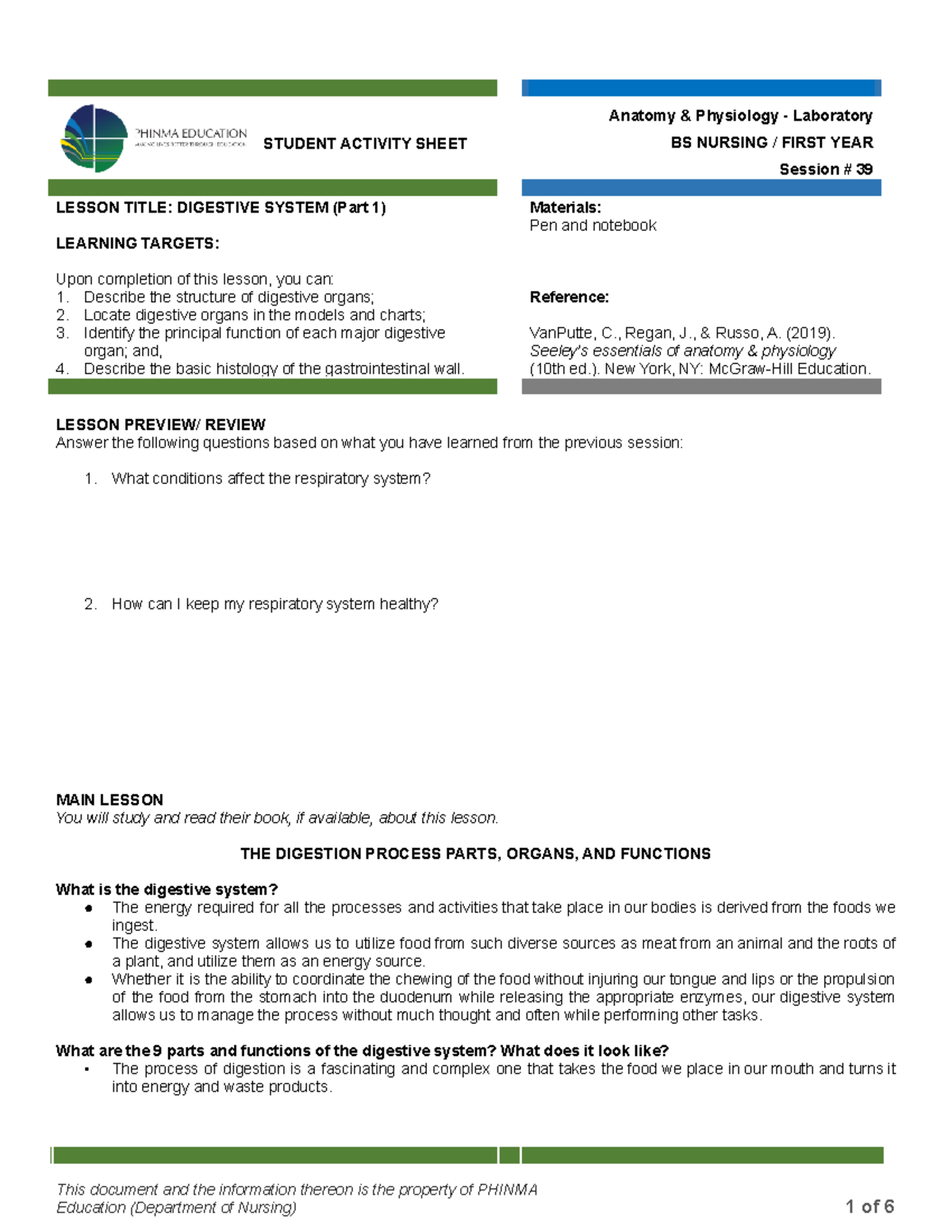 SAS-39 - YEAH - STUDENT ACTIVITY SHEET Anatomy & Physiology ...