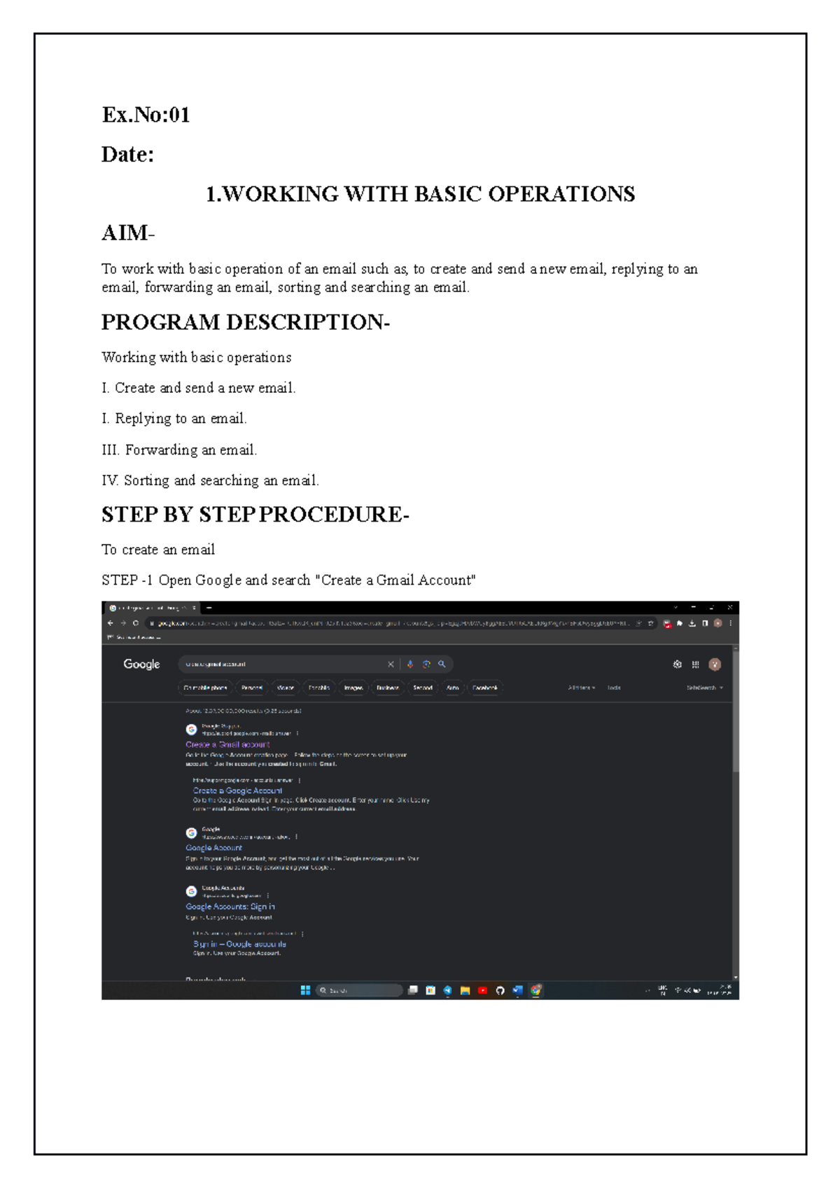 Ex1 - this is a basic practicals of creating gmail account - Ex: Date: 1 WITH BASIC OPERATIONS ...
