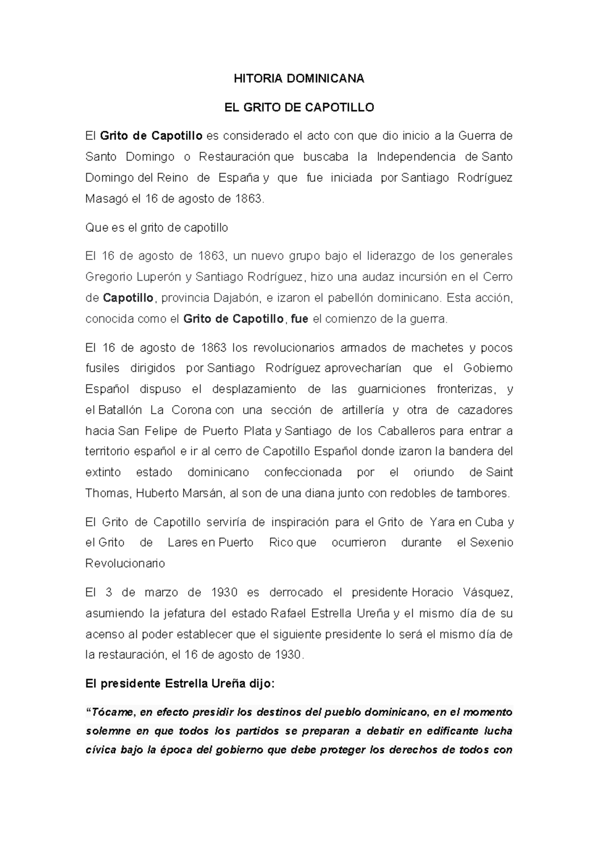 EL Grito DE Capotillo - HITORIA DOMINICANA EL GRITO DE CAPOTILLO El ...