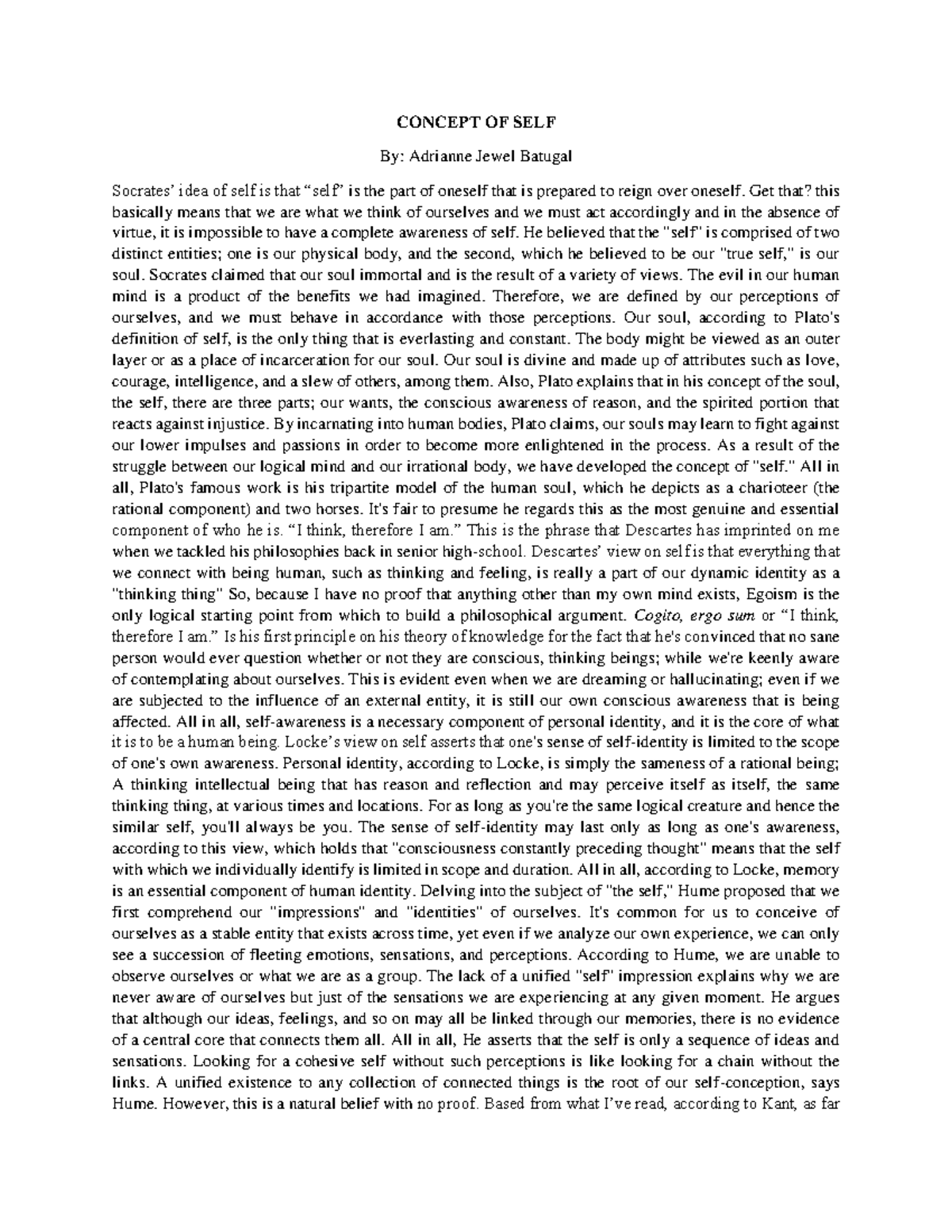 Concept OF SELF - CONCEPT OF SELF By: Adrianne Jewel Batugal Socrates ...