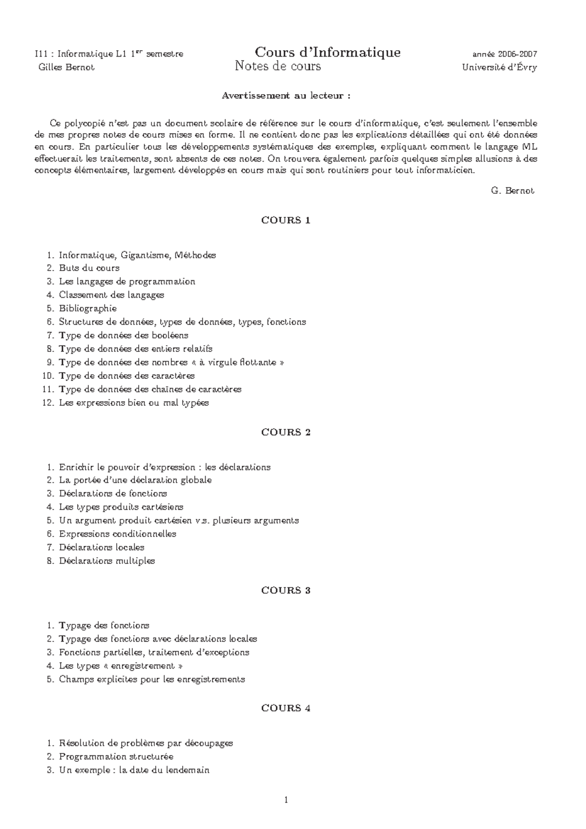 1992 2007-L1S1 Cours ML-Bernot - I11 : Informatique L1 1 er semestre ...