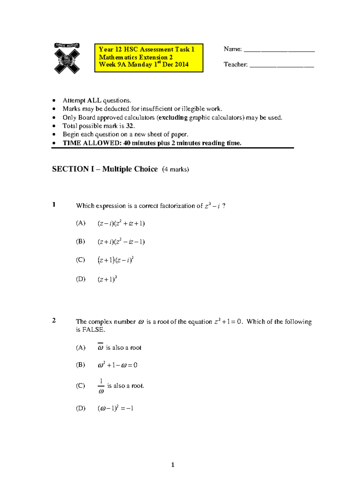 Knox 2014 4U CT1 & Solutions - Year 12 HSC Assessment Task 1 ...
