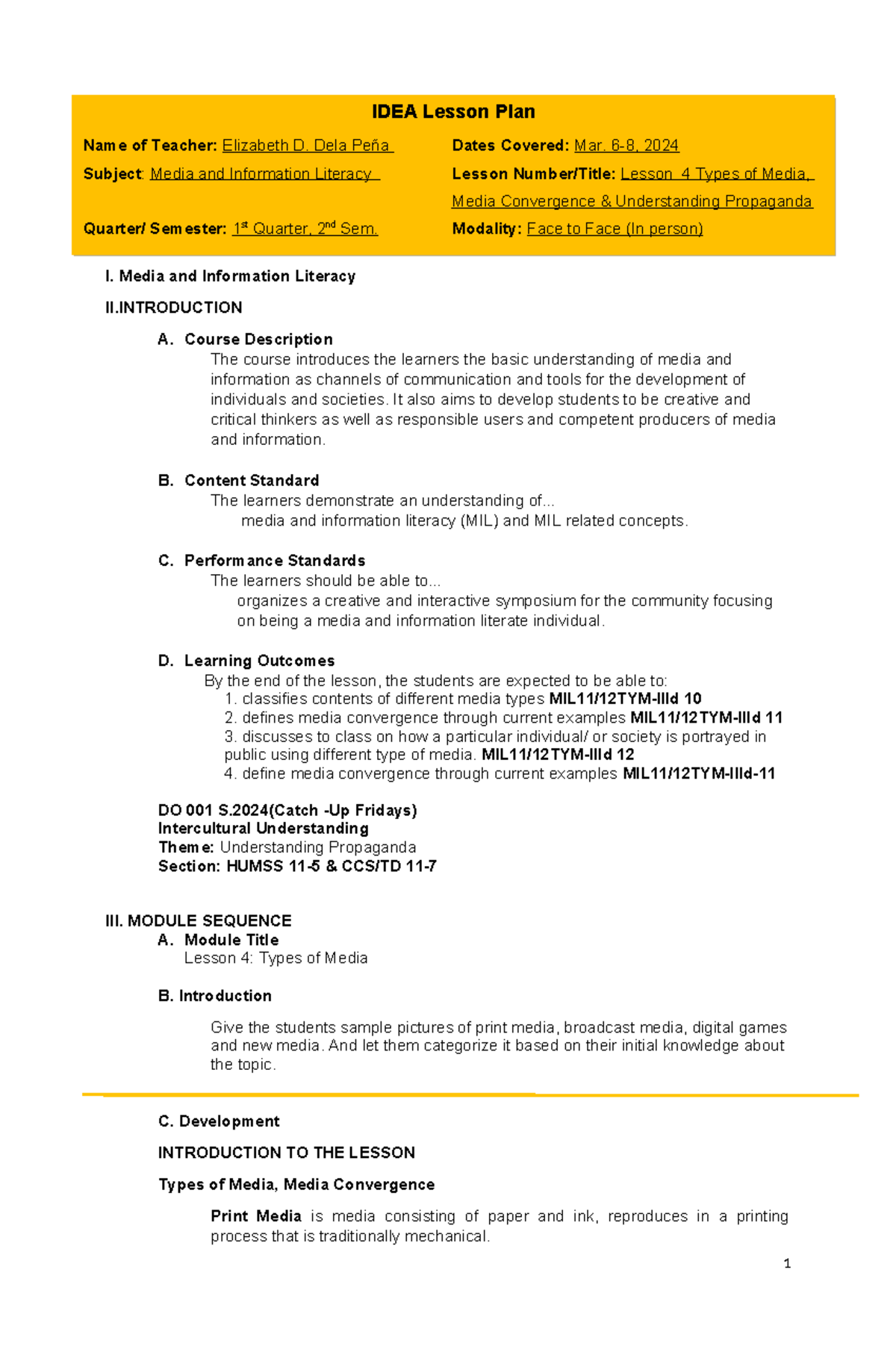 Lesson Plan in Media and Information Literacy - Types of Media ...