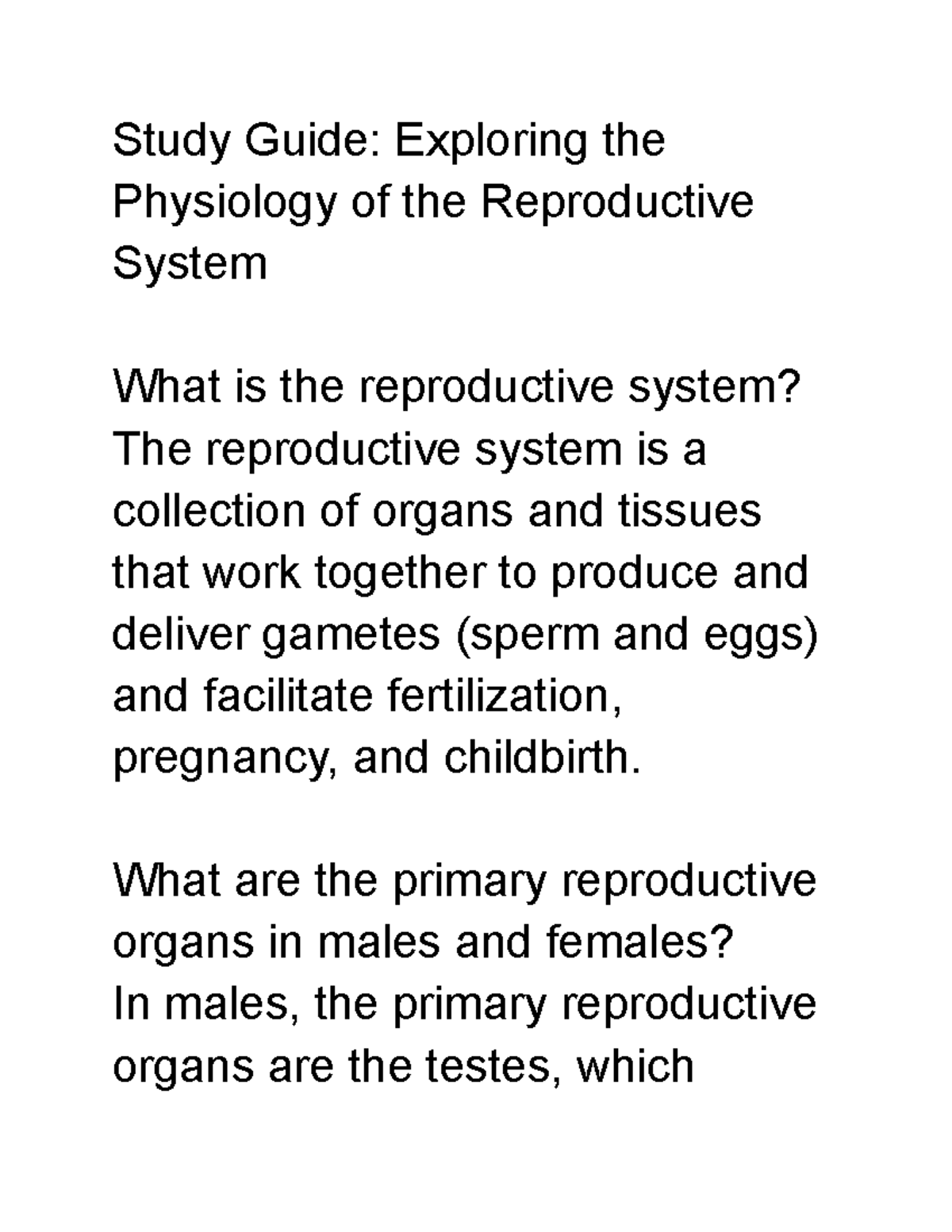 Study Guide Exploring the Physiology of the Reproductive System ...