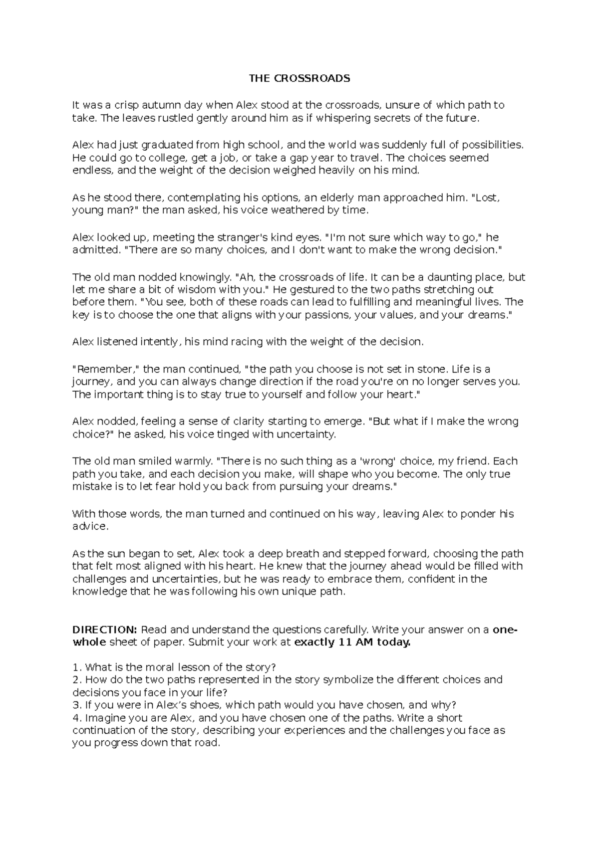 The Crossroads Reading Material - THE CROSSROADS It was a crisp autumn ...