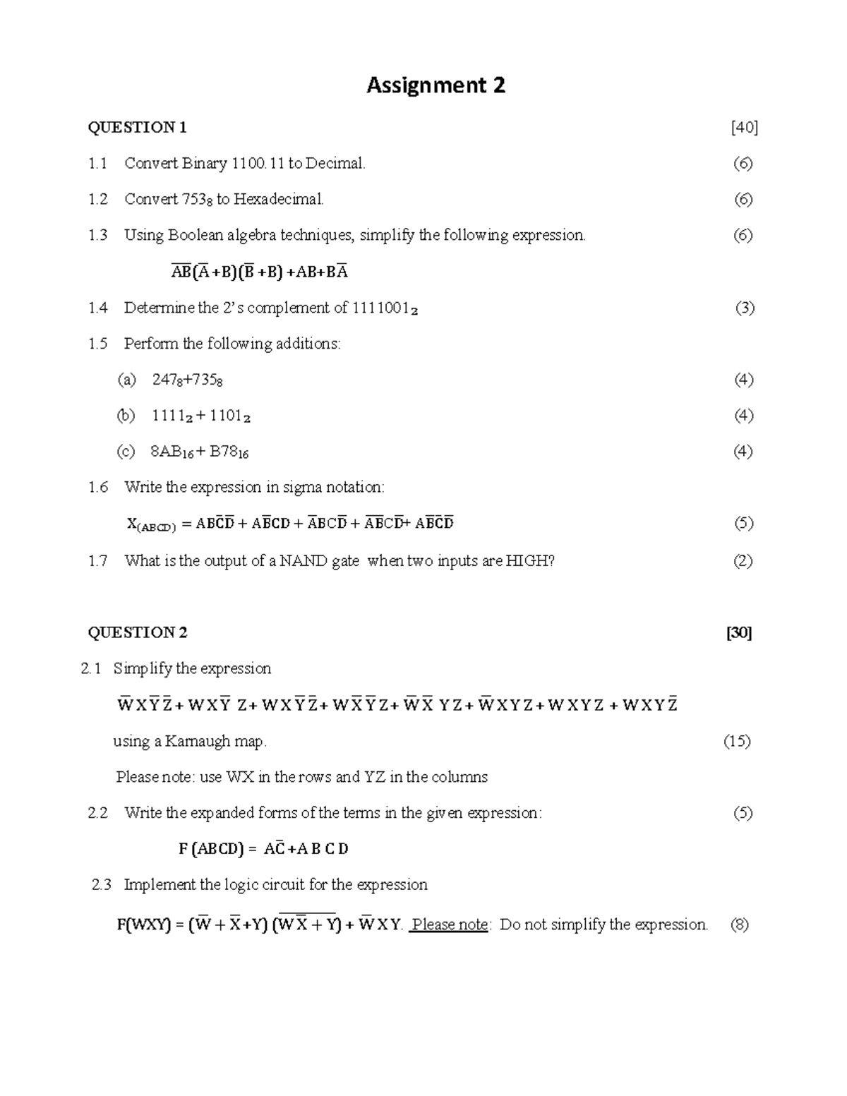 ICT2632-Assignment 2-2024 - Assignment 2 QUESTION 1 [40] 1 Convert Binary 1100 to Decimal. (6) 1 ...