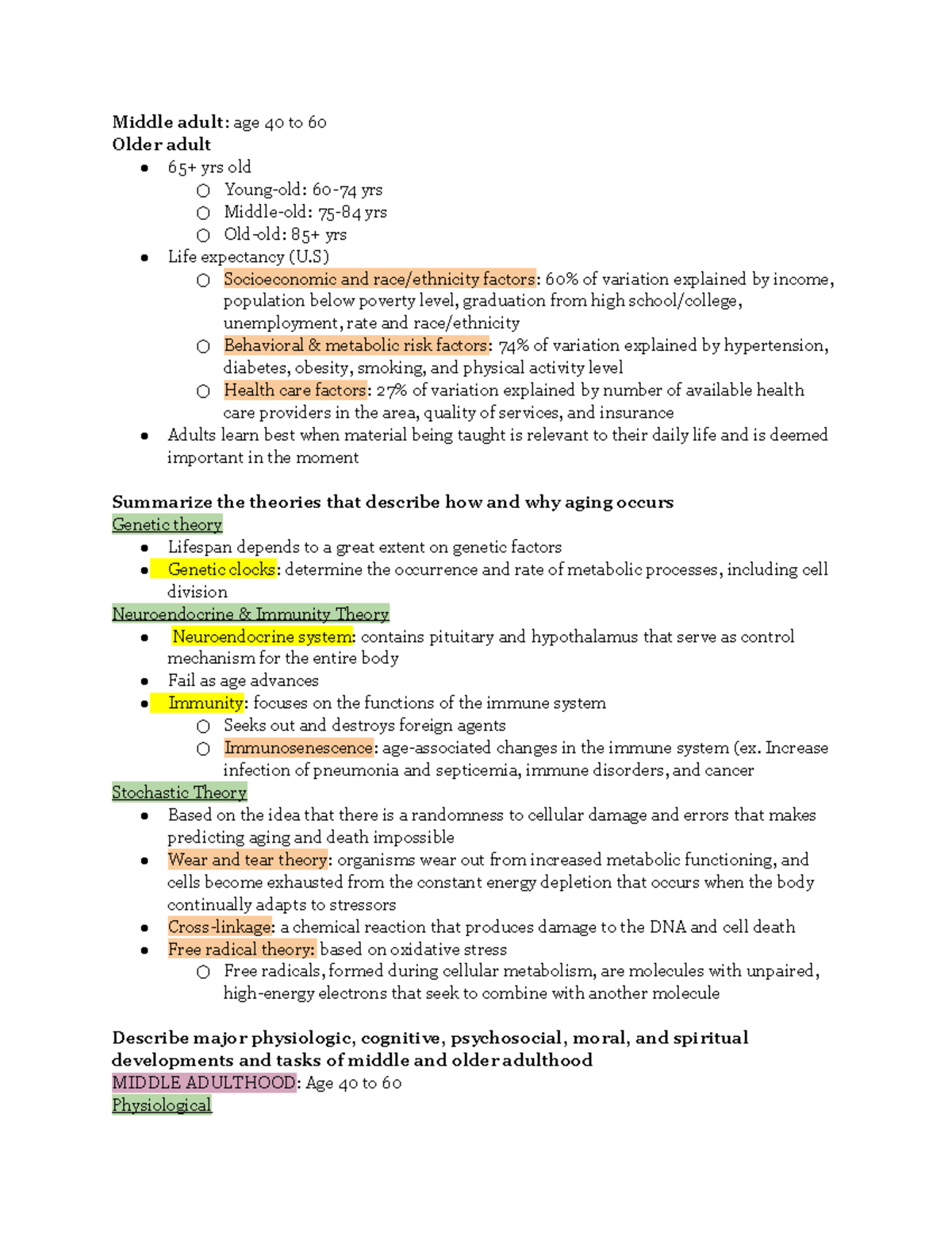 CH. 23 Aging Adult - Middle adult: age 40 to 60 Older adult 65+ yrs old ...