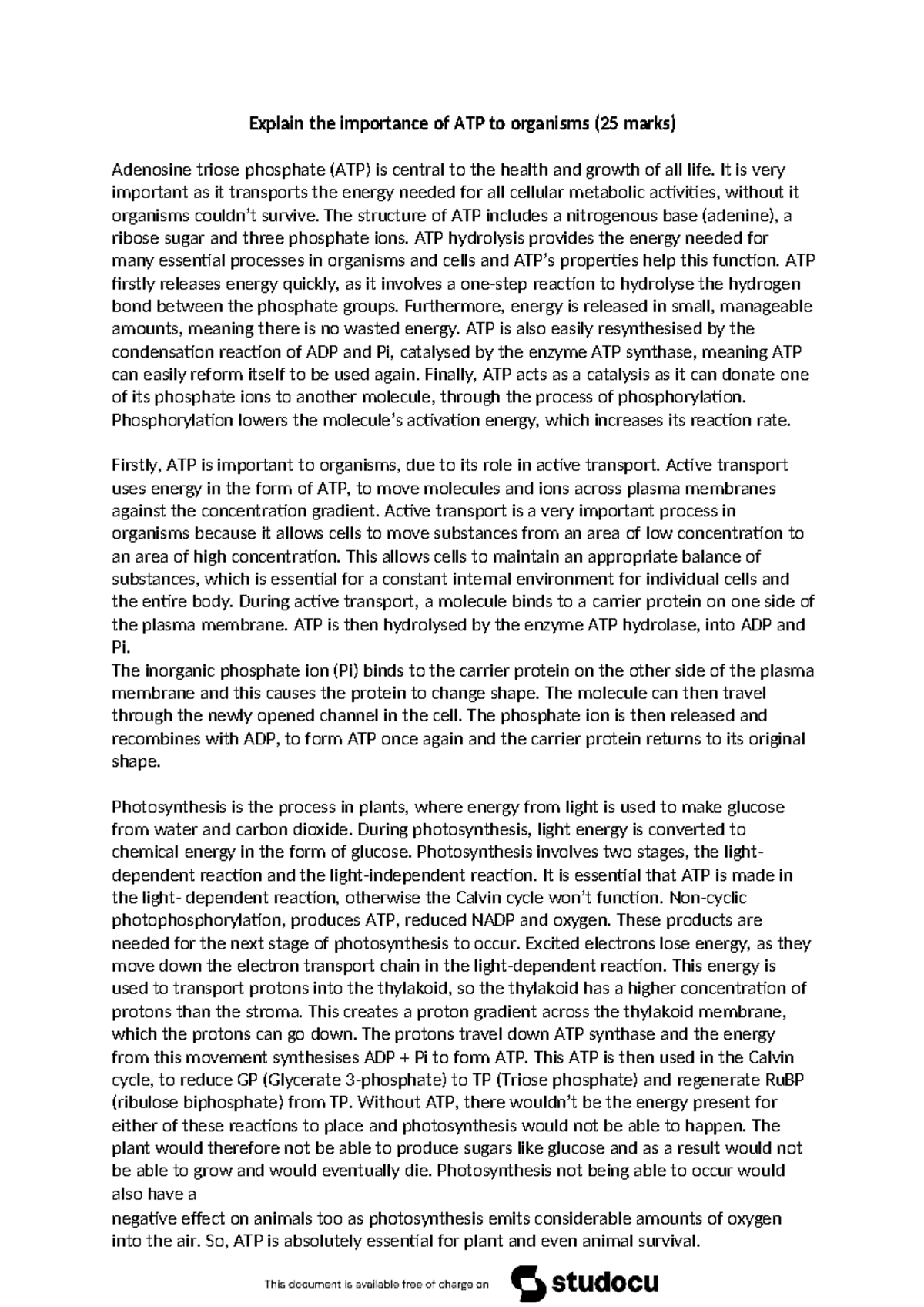 Atp-importance-essay - Explain the importance of ATP to organisms (25 ...