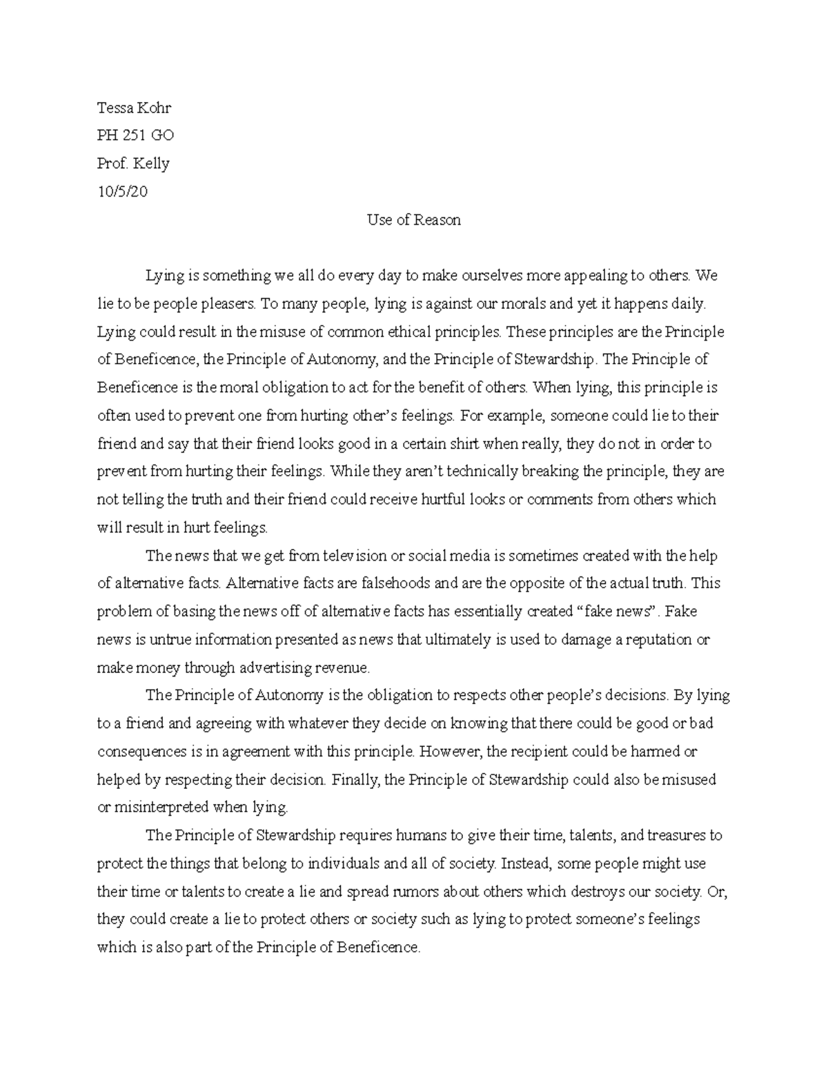 Use of Reason - Tessa Kohr PH 251 GO Prof. Kelly 10/5/ Use of Reason ...