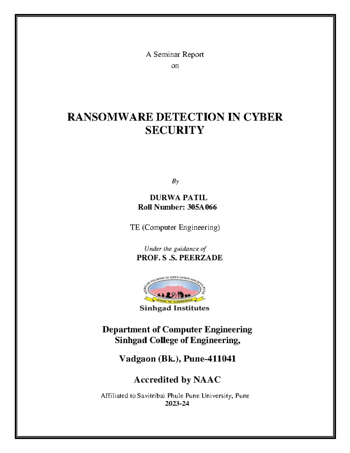 Seminar Report - A Seminar Report on RANSOMWARE DETECTION IN CYBER ...