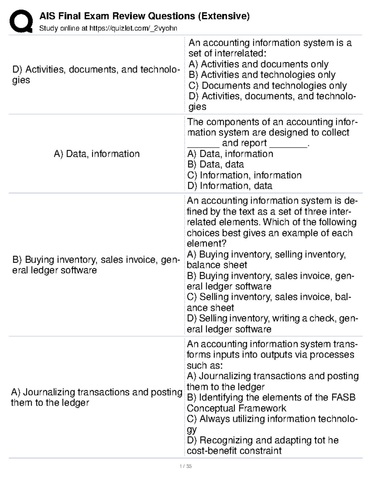 AIS Final Exam Review Questions Extensive - Study online at quizlet ...