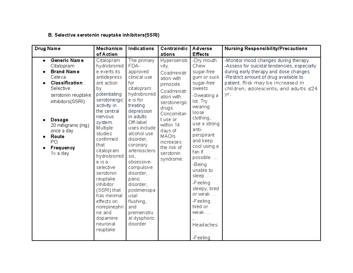 SSRI 1 - dad - B. Selective serotonin reuptake inhibitors(SSRI) Drug Name Mechanism of Action ...
