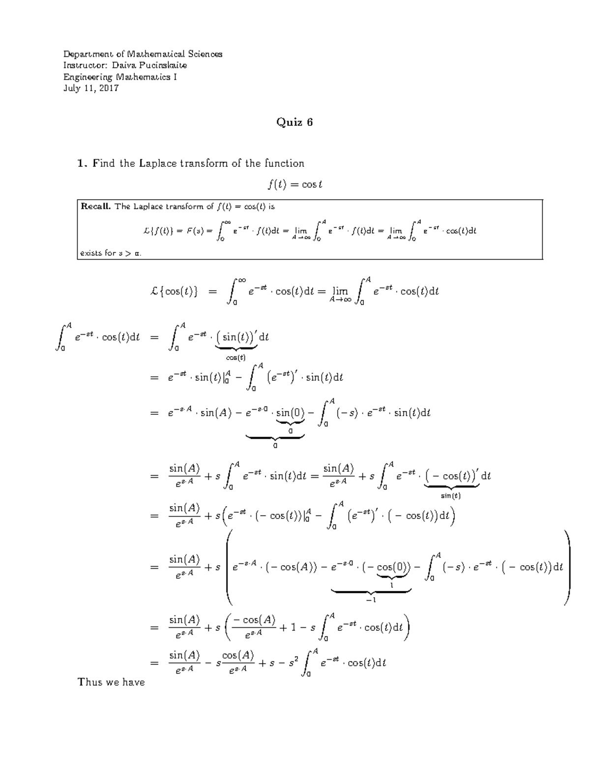 Engineering Mathematics Summer 2017 Quiz 6 Solution - Department of ...