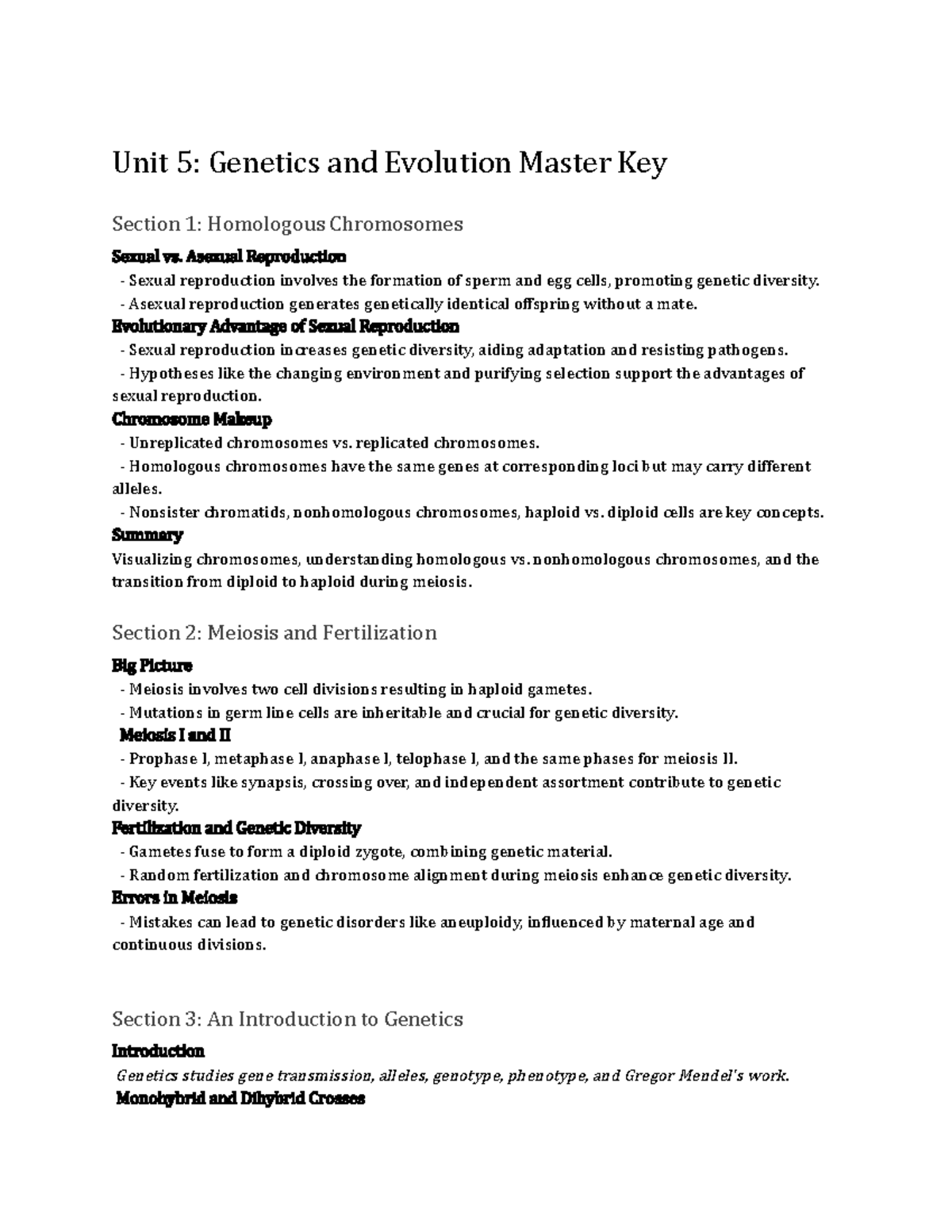 Unit 5&6 Simplified Notes - Unit 5: Genetics and Evolution Master Key ...