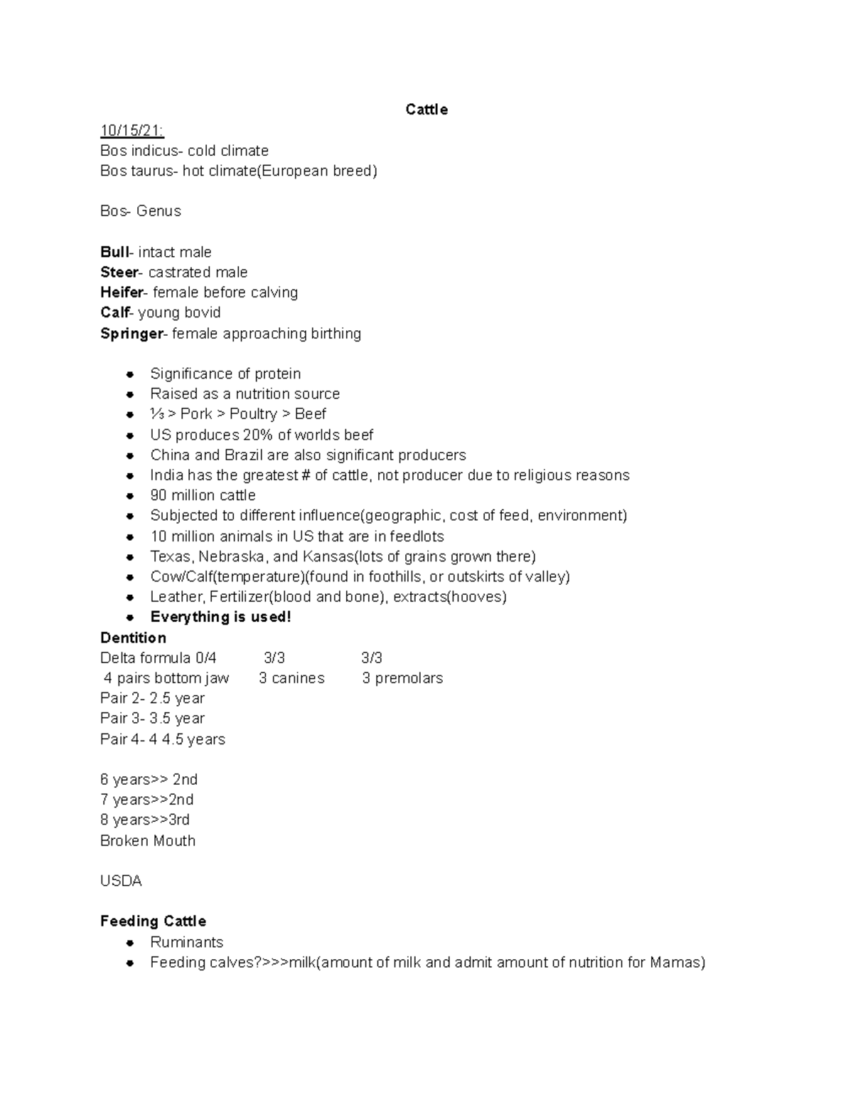 Cattle Notes and Definitions - Cattle 10/15/21: Bos indicus- cold ...