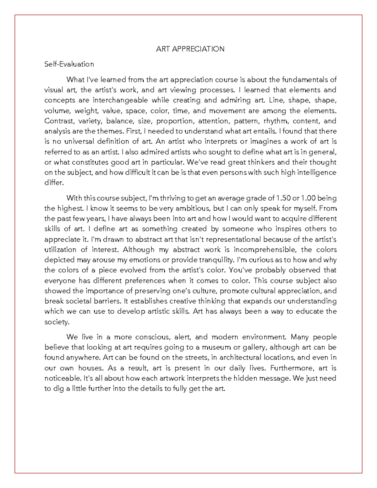 Self Evaluation - A self eval of the course - ART APPRECIATION Self ...