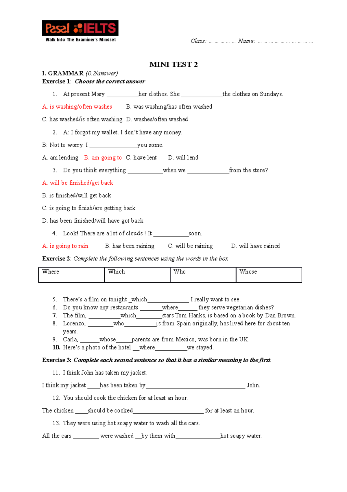 MINI-TEST-2 - ... - MINI TEST 2 I. GRAMMAR (0/answer) Exercise 1 ...